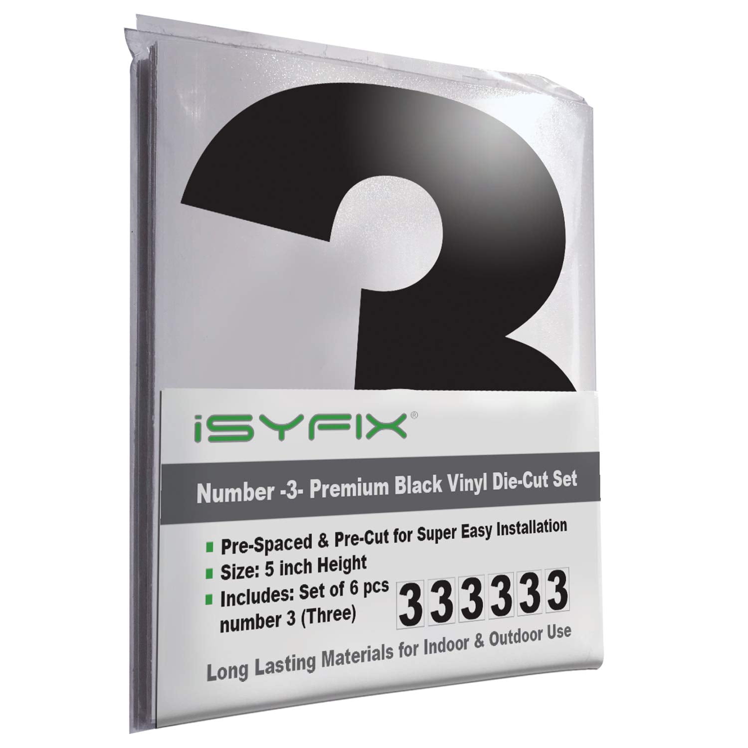 iSYFIX Black Vinyl Number 3 (Three) Stickers - 6 Pack 5 inch Self ...