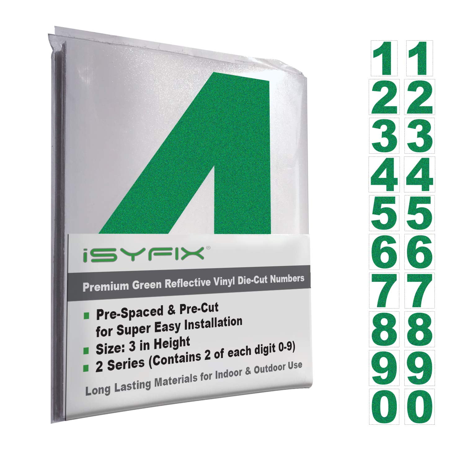 iSYFIX Reflective Green Vinyl Numbers Stickers – 3 Inch Self Adhesive ...