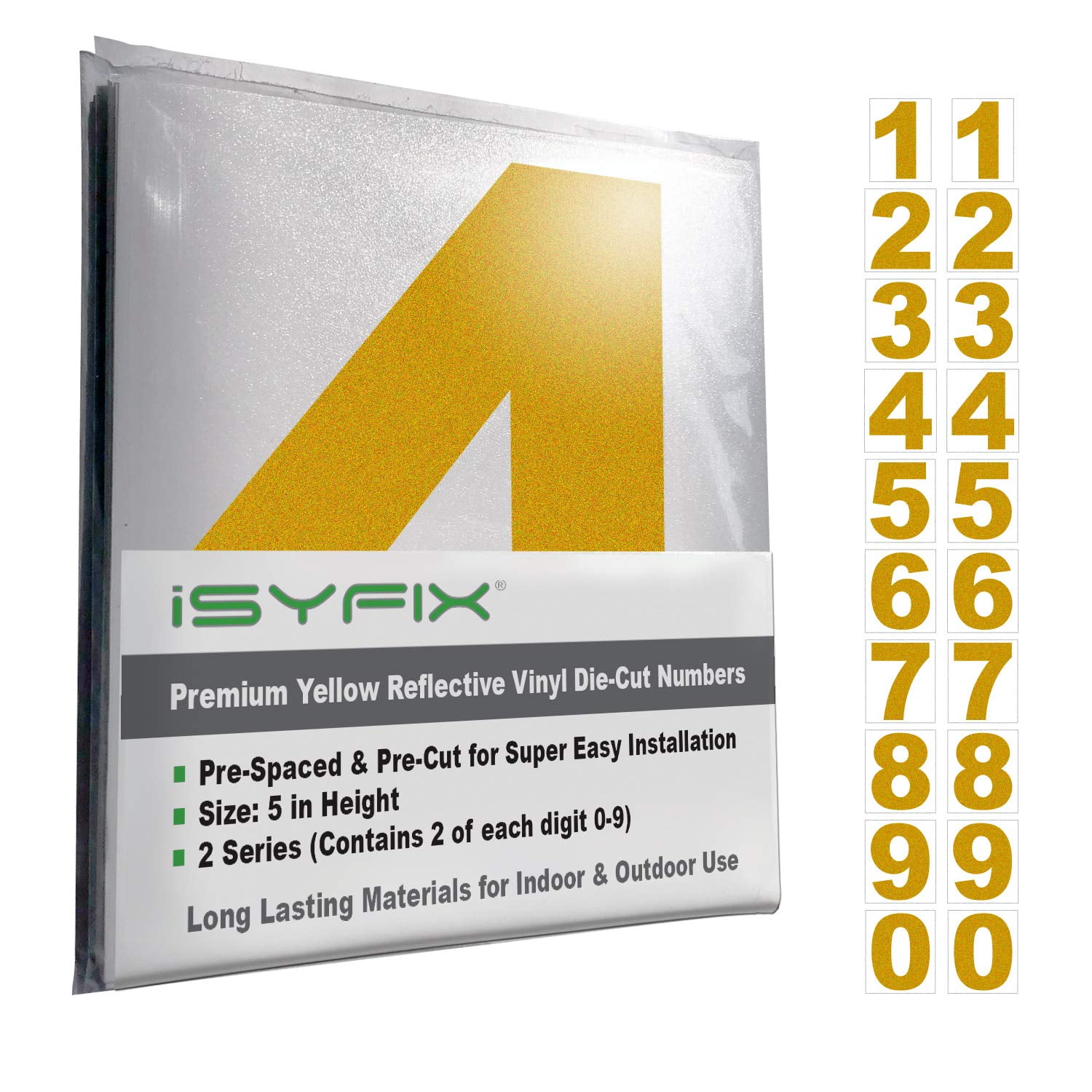 iSYFIX Reflective Yellow Vinyl Numbers Stickers - 5 Inch Self Adhesive ...