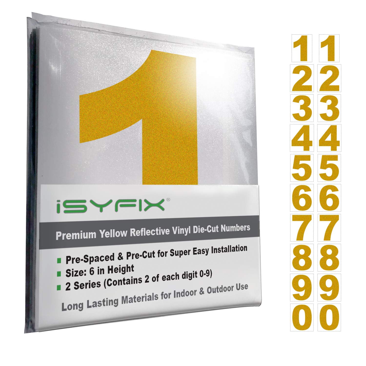 iSYFIX Reflective Yellow Vinyl Numbers Stickers – 6 Inch Self Adhesive ...