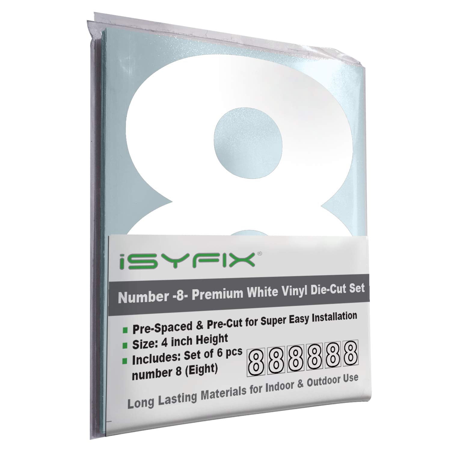 iSYFIX White Vinyl Number 8 (Eight) Stickers - 6 Pack 4 inch Self ...