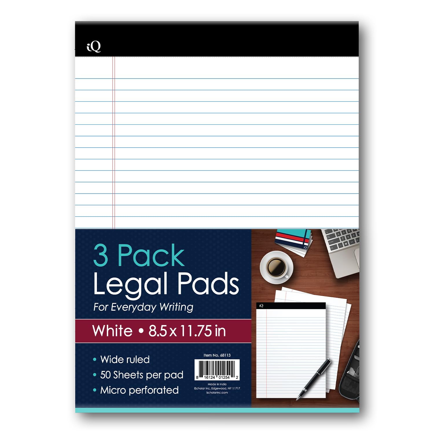 iScholar iQ Legal Pads, White, Wide Ruled, 8.5" x 11.75", 50 Sheets Per ...