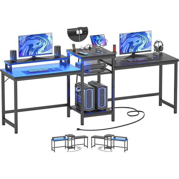 iSunirm 2 Person Computer Desk with Charging Station and LED Light ...