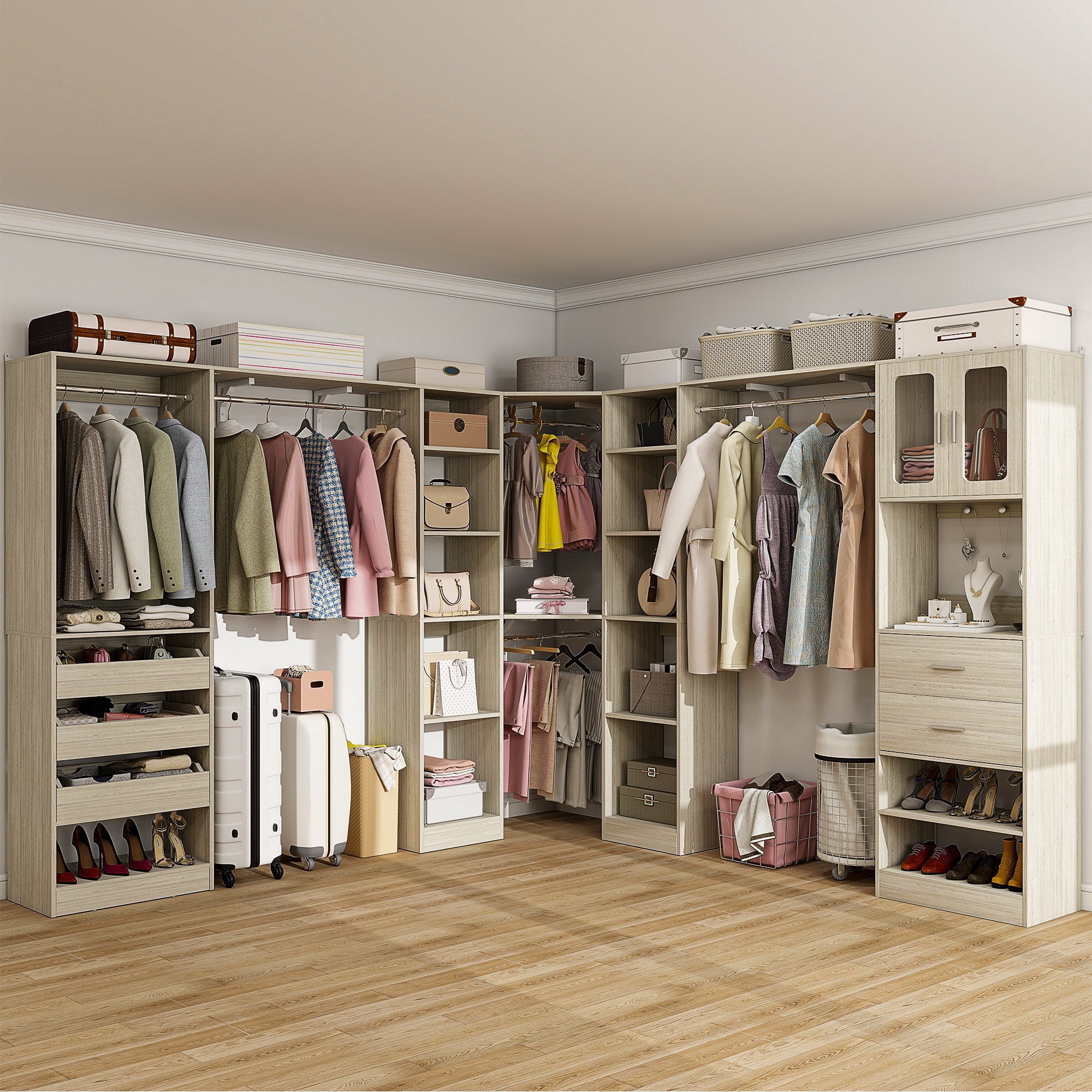 iSunirm 3-in-1 Walk-in Closet System, Large L Shaped Closet Organizer ...