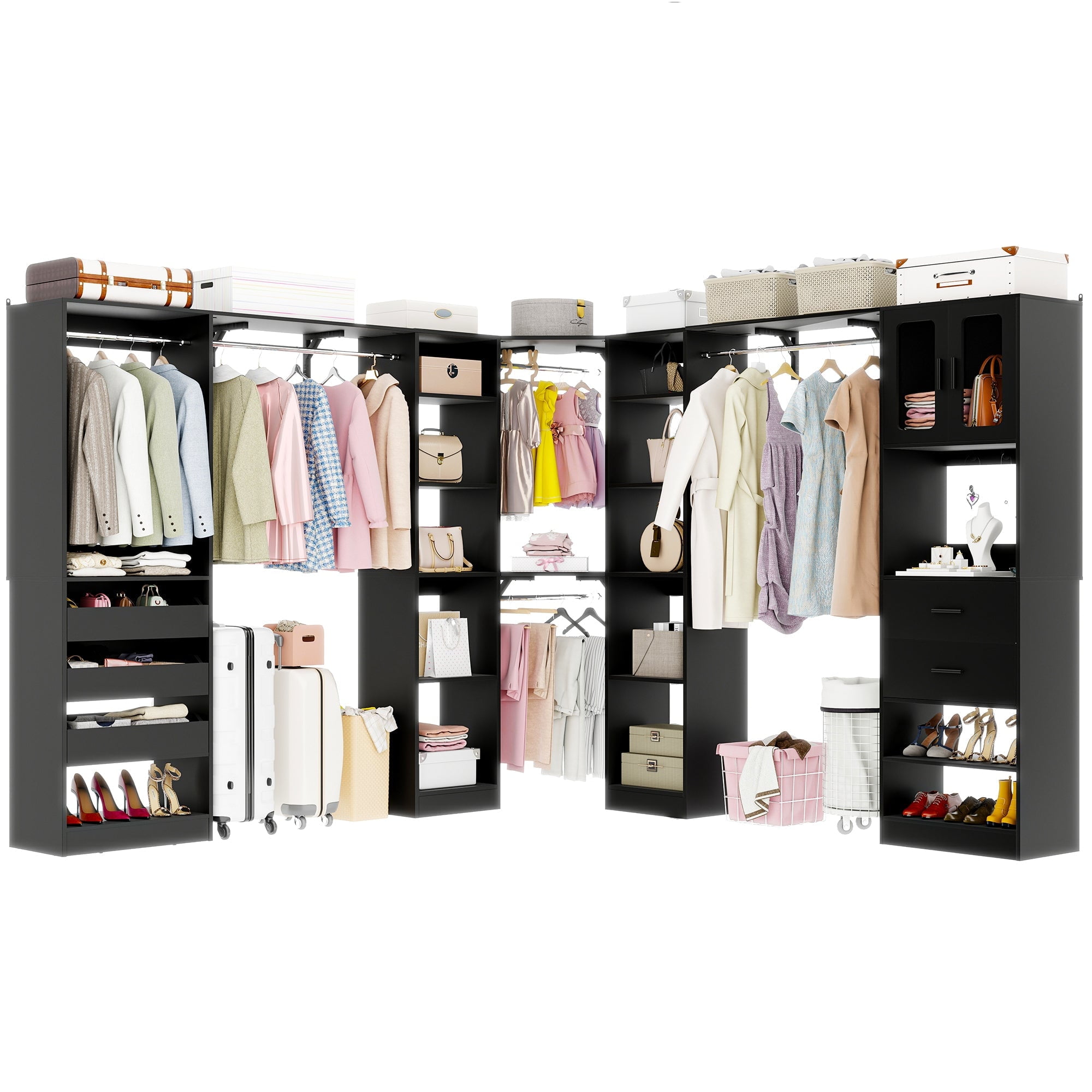 iSunirm 3-in-1 Walk-in Closet System, Large L Shaped Closet Organizer ...