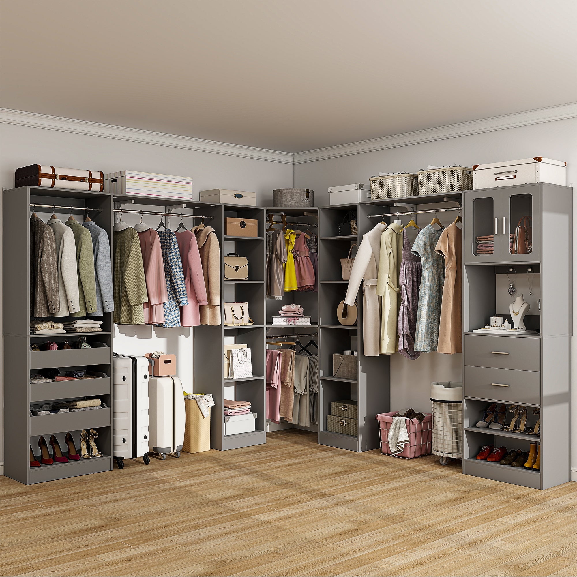 iSunirm 3-in-1 Walk-in Closet System, Large L Shaped Closet Organizer ...