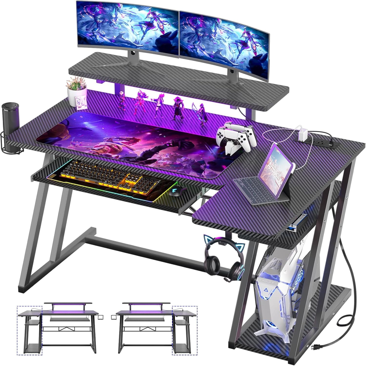 iSunirm 47'' Gaming Desk with LED Lights, L Shaped Computer Desk with ...