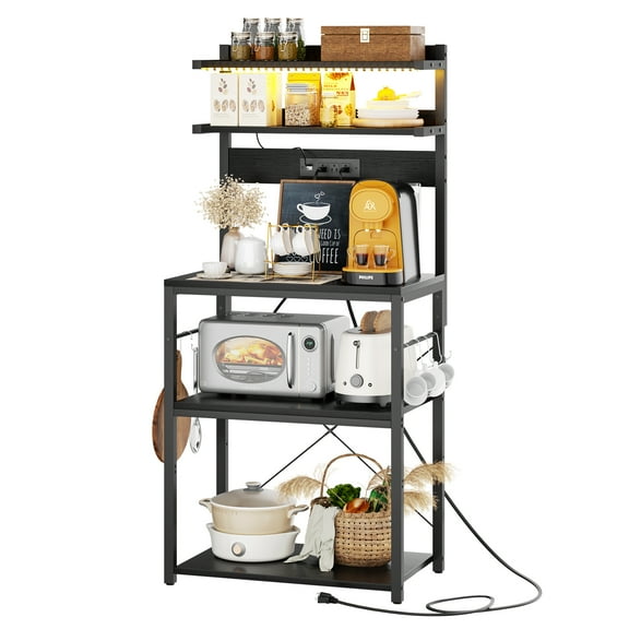 Bakers Rack with Power Outlet, Microwave Stand with Pots Rack, Kitchen ...