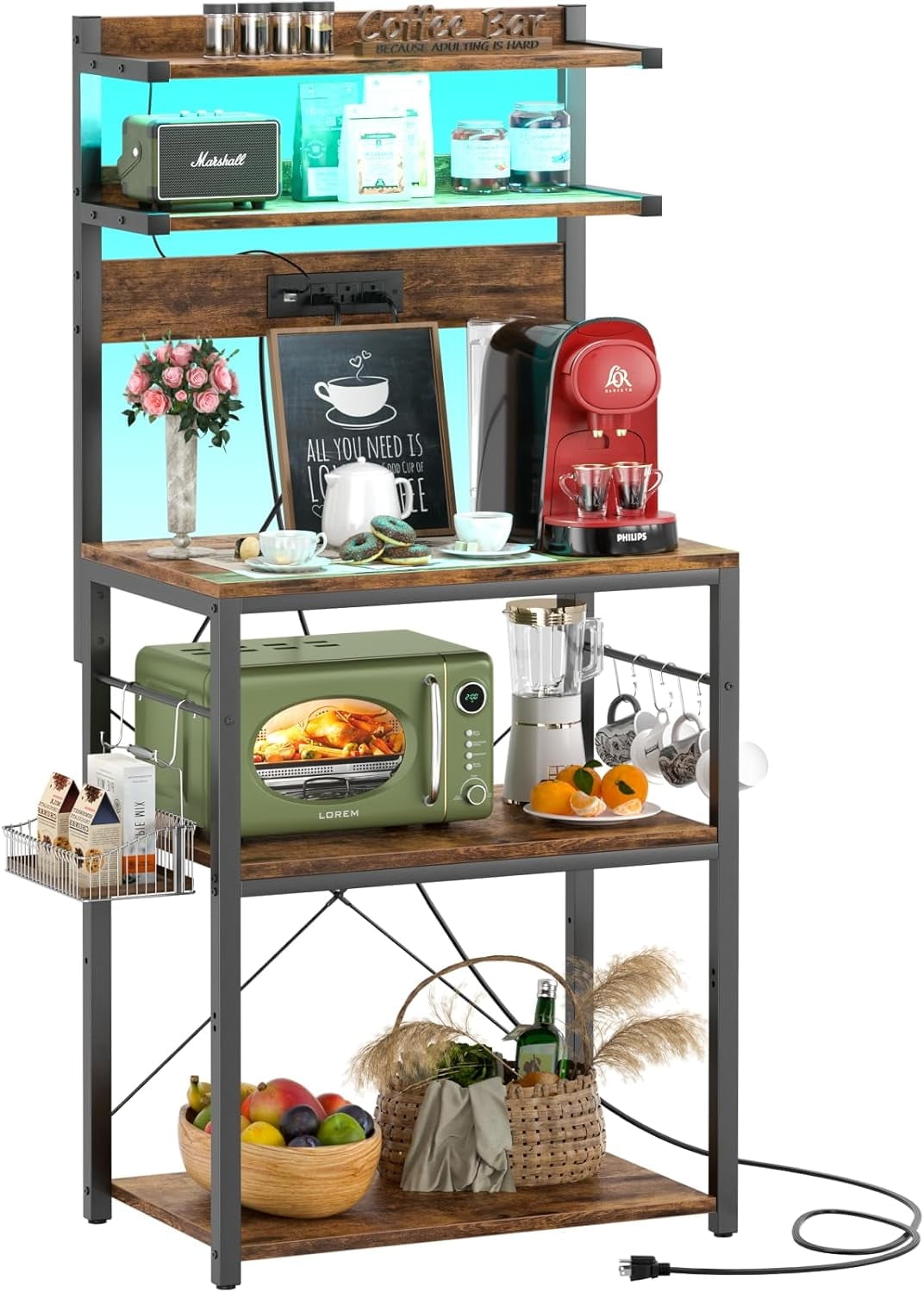 iSunirm 5-Tier Bakers Rack with Power Outlet, Microwave Stand, Coffee ...