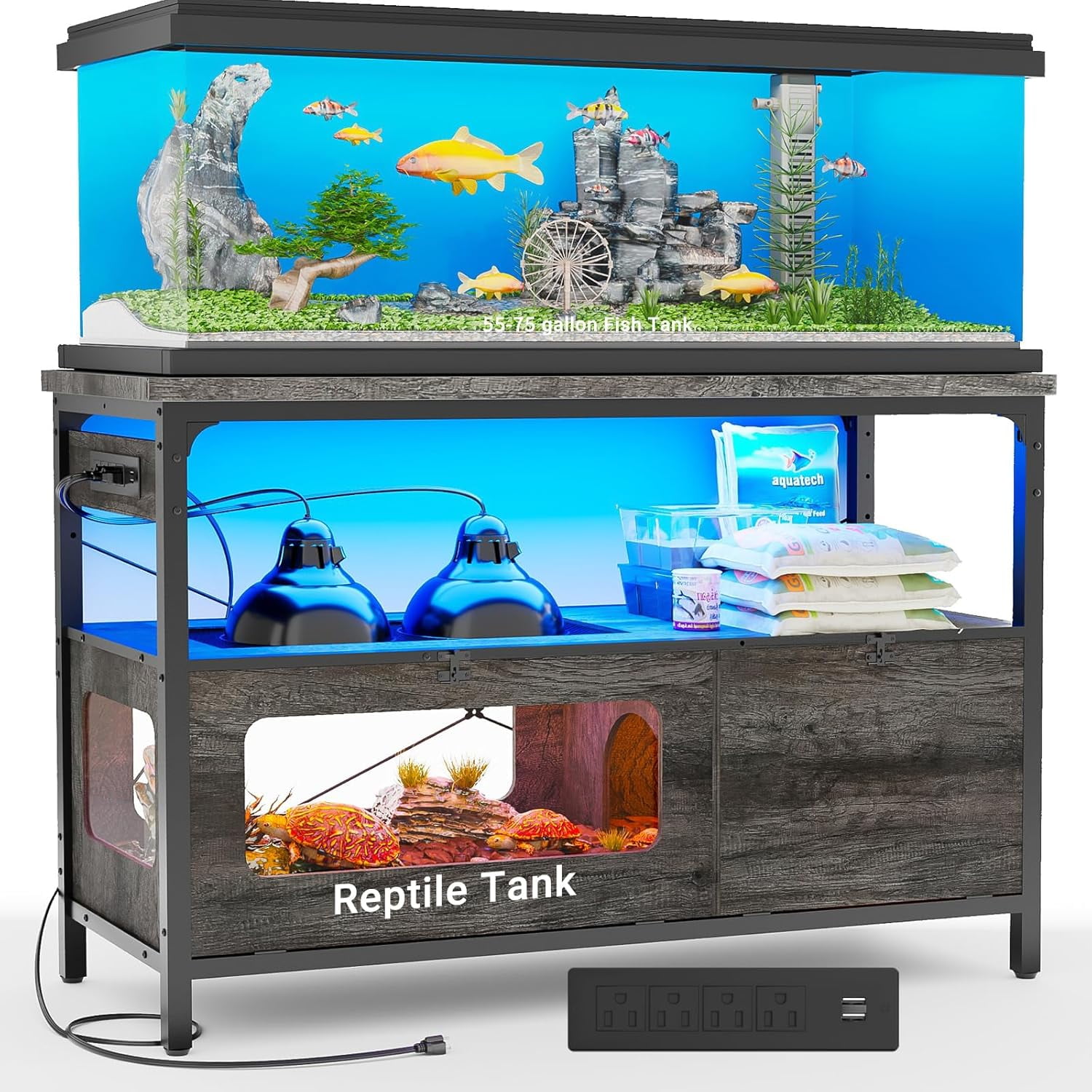 iSunirm 55-75 Gallon Fish Tank Stand with Power Outlets & LED Lights ...