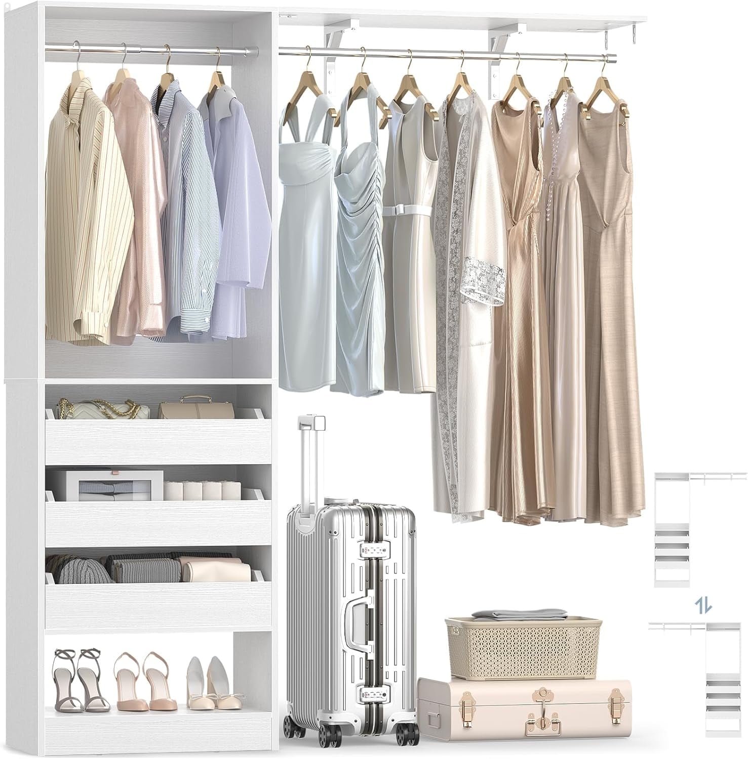 iSunirm 5FT Closet System with 3 Wooden Drawers, Reversible Closet ...