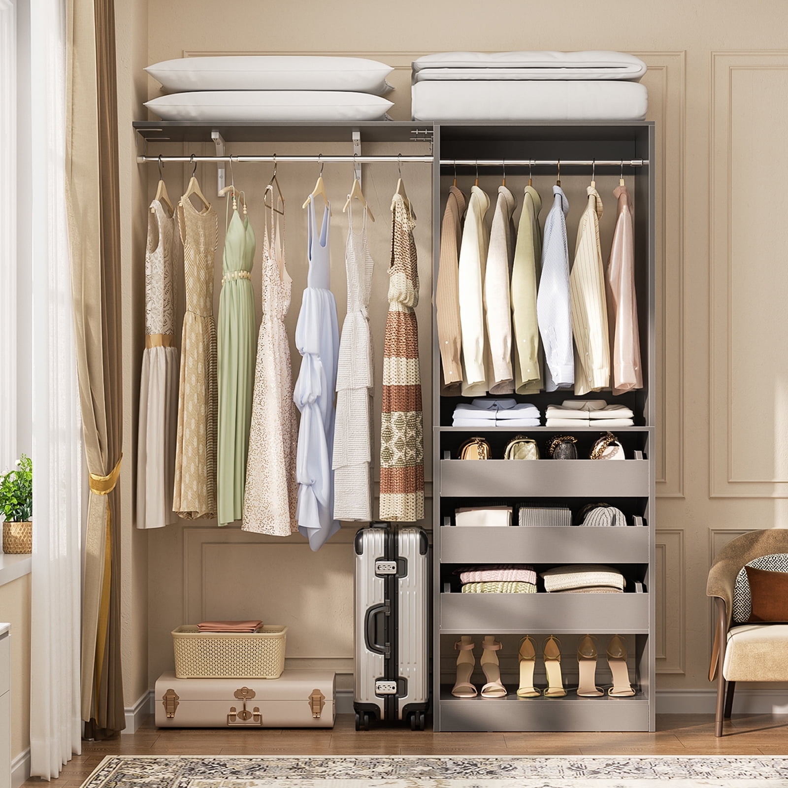 iSunirm 5FT Closet System with 3 Wooden Drawers, Reversible Closet ...