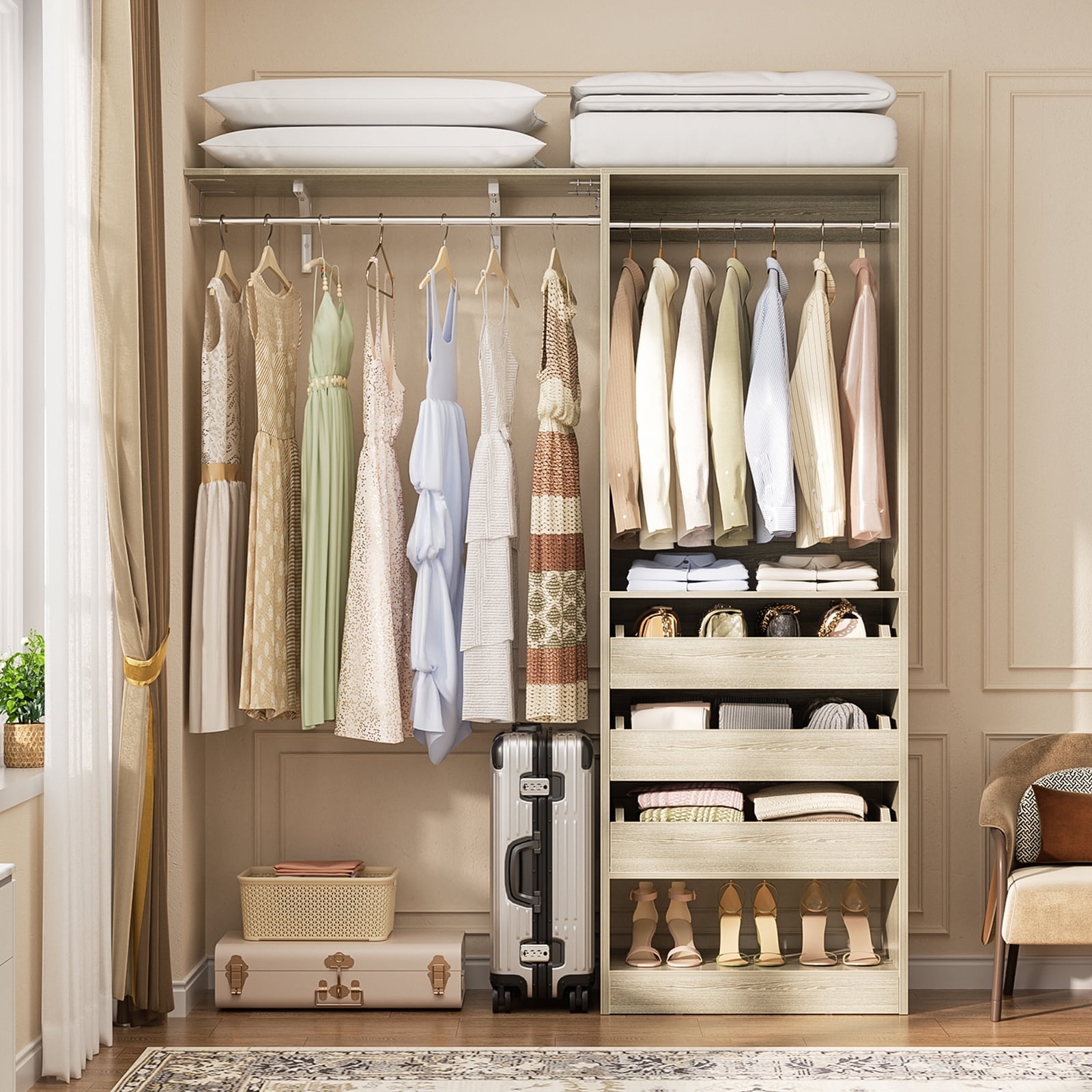 iSunirm 5FT Closet System with 3 Wooden Drawers, Reversible Closet ...