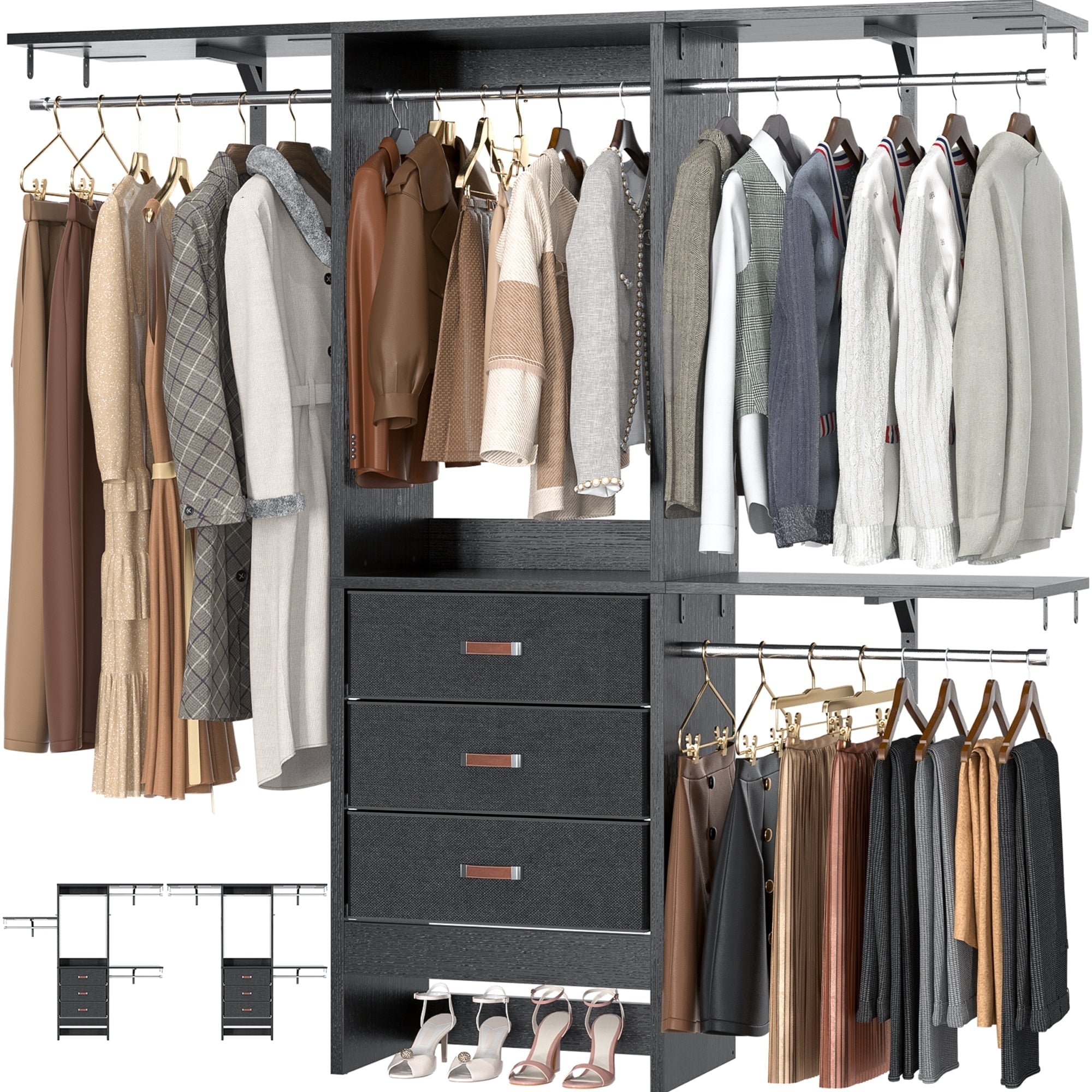 iSunirm 5FT Small Closet System with 3 Fabric Drawers, Walk In Clothes ...