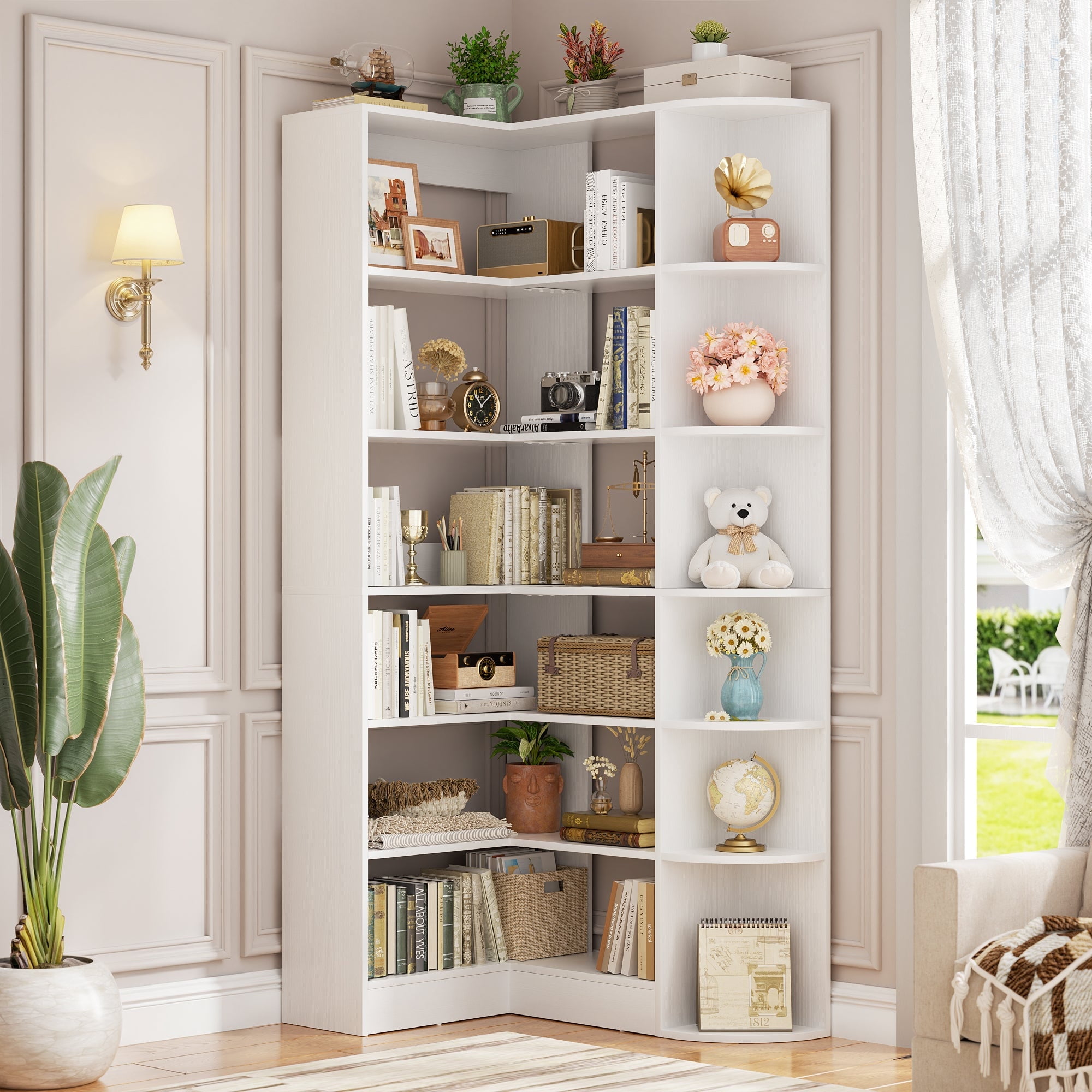 iSunirm 7-Tier Corner Bookshelf with Baffle, 71'' Tall L-Shaped ...