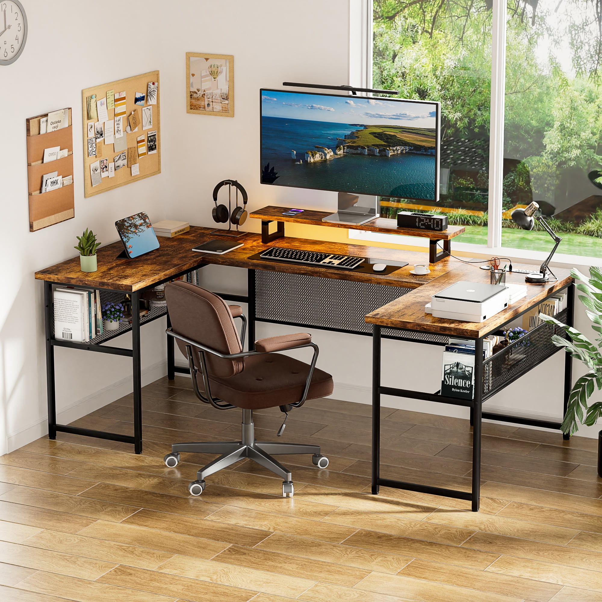 iSunirm 83'' Large U Shaped Computer Desk with Power Outlets, LED ...