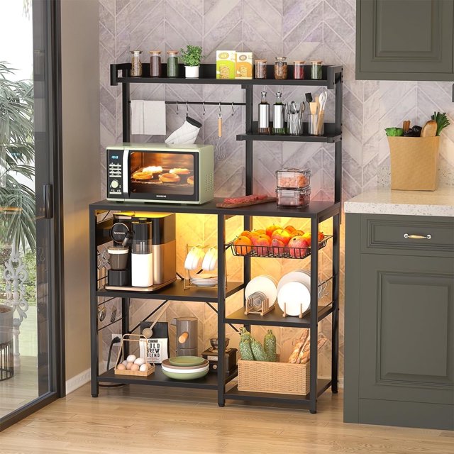 iSunirm Bakers Rack with Power Outlet and LED Light, Microwave Oven ...