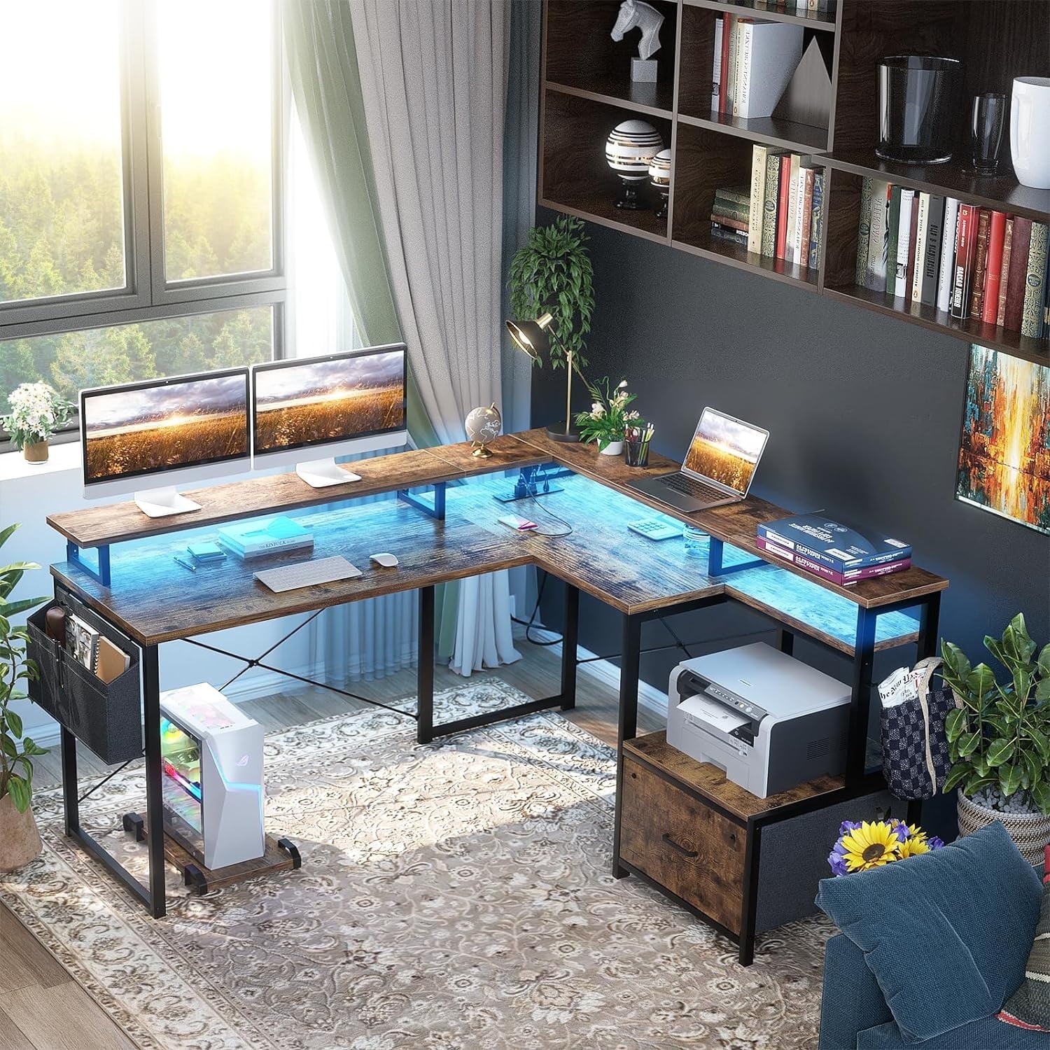 iSunirm Computer Desk with Drawer, 53'' L Shaped Gaming Desk with LED ...