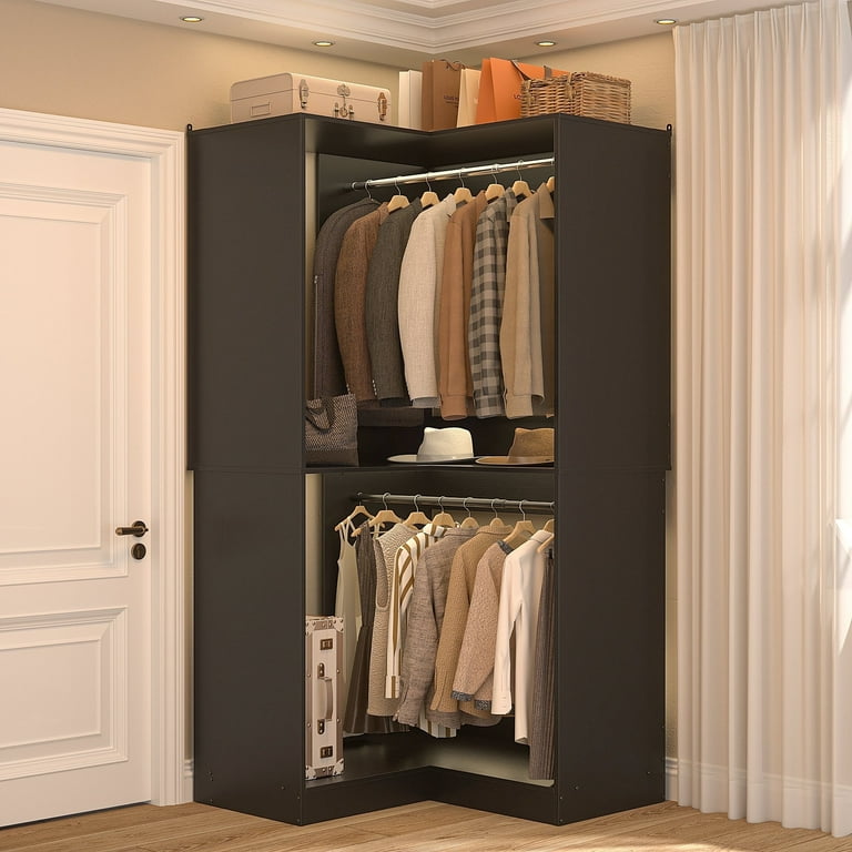 iSunirm Corner Wooden Closet System 32 Inch Wide Closet System with 2 Hanging Rad 3 Tier 80 Height Corner Wardrobe for Clothes Organizer Black Walmart