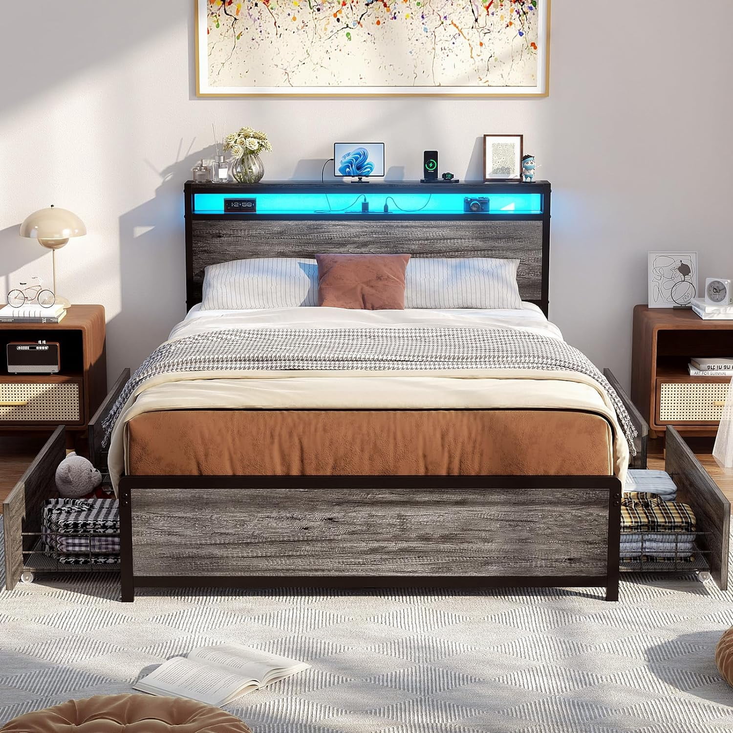 iSunirm Full Size Bed Frame with Drawers, Full Size Bed Frame with ...