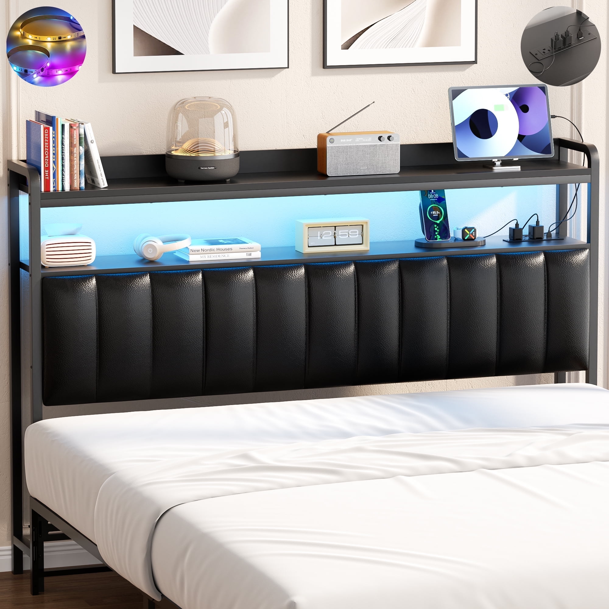 iSunirm Full Size Upholstered Headboard with Outlets & LED Lights ...