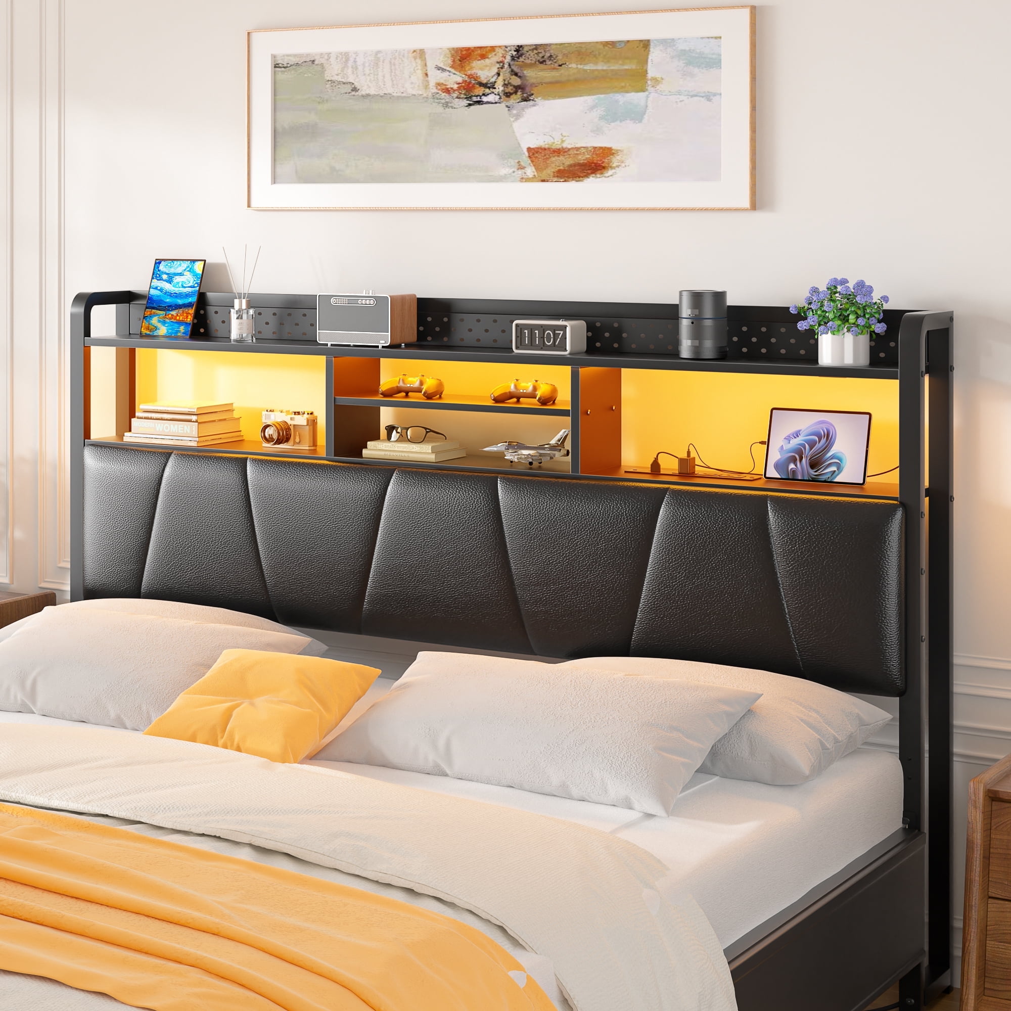 iSunirm Full Size Upholstered Headboard with Power Outlets, USB Ports ...