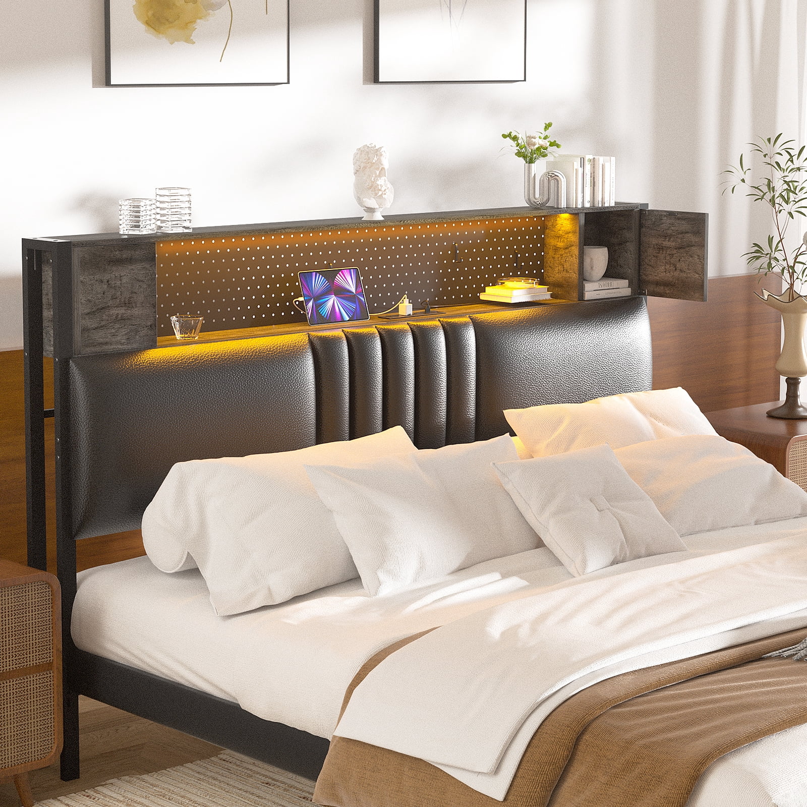 iSunirm Full Size Upholstered Headboard with Storage Cabinet & Shelf ...