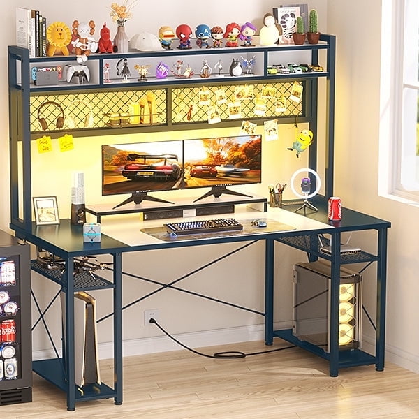 iSunirm Gaming Desk with Hutch, 55.2'' Computer Desk with LED Lights ...