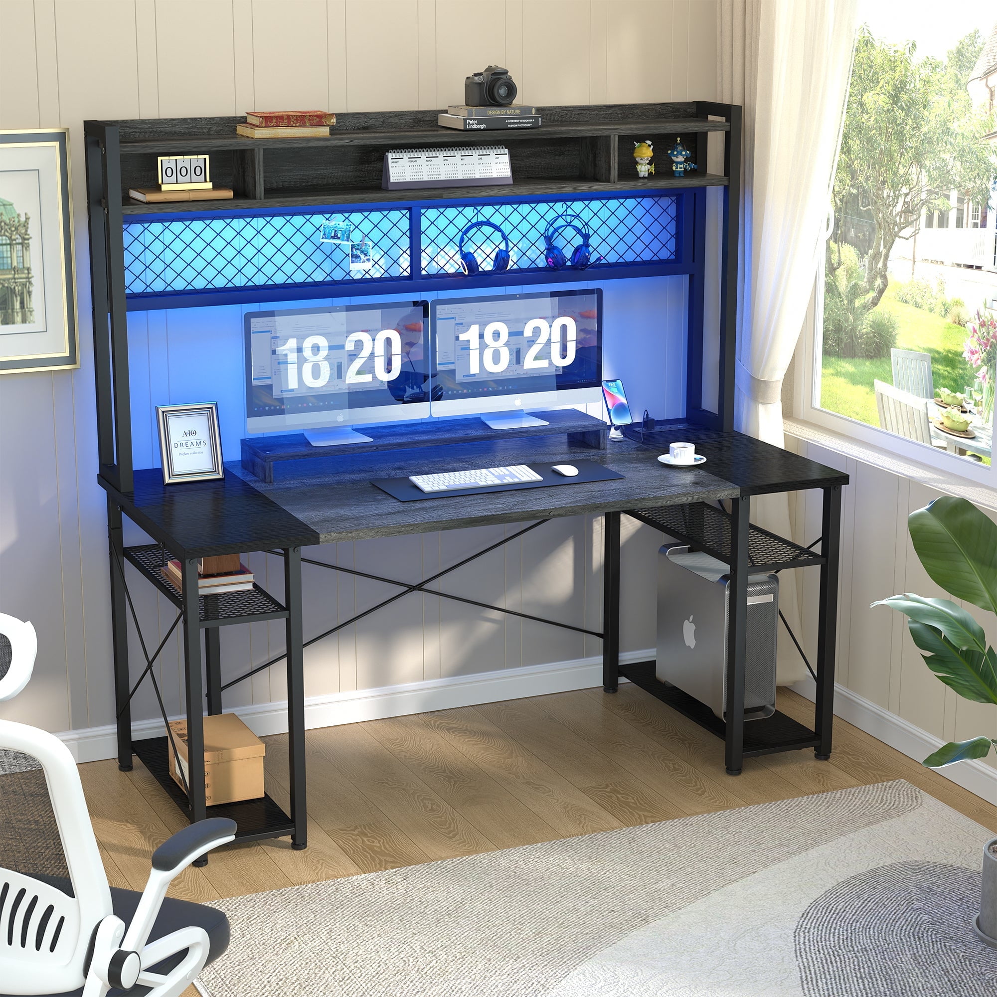 iSunirm Gaming Desk with Hutch, 55.2'' Computer Desk with LED Lights ...