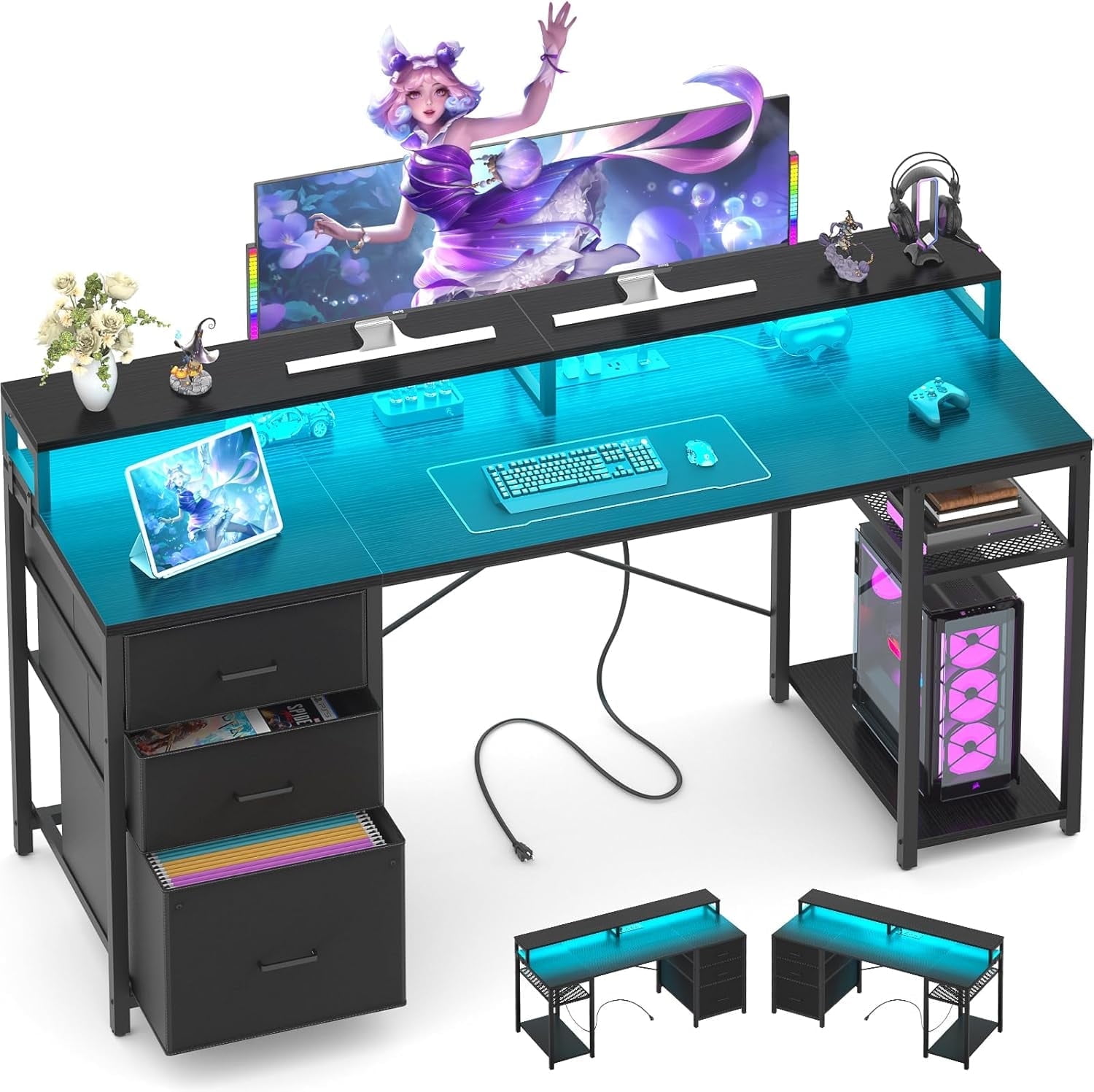 iSunirm Gaming Desk with RGB LED Lights & Power Outlets, 59'' Computer ...