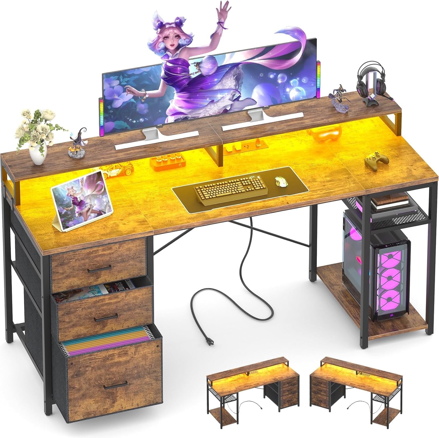 iSunirm Gaming Desk with RGB LED Lights & Power Outlets, 59'' Computer Desk with 3 Fabric ...