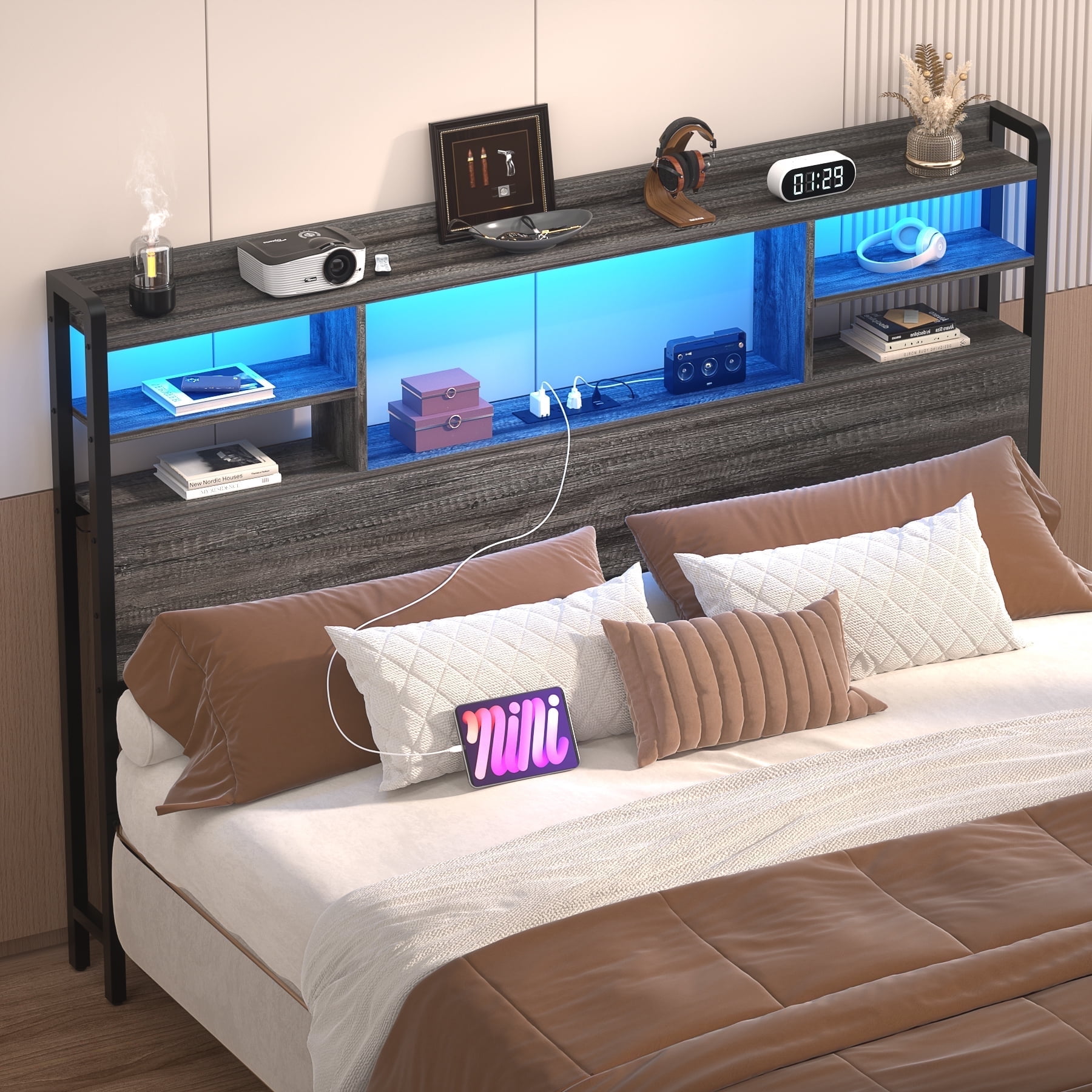 iSunirm Headboard for Full Size Bed, 55.1 Inch, Bookcase Storage, LED ...