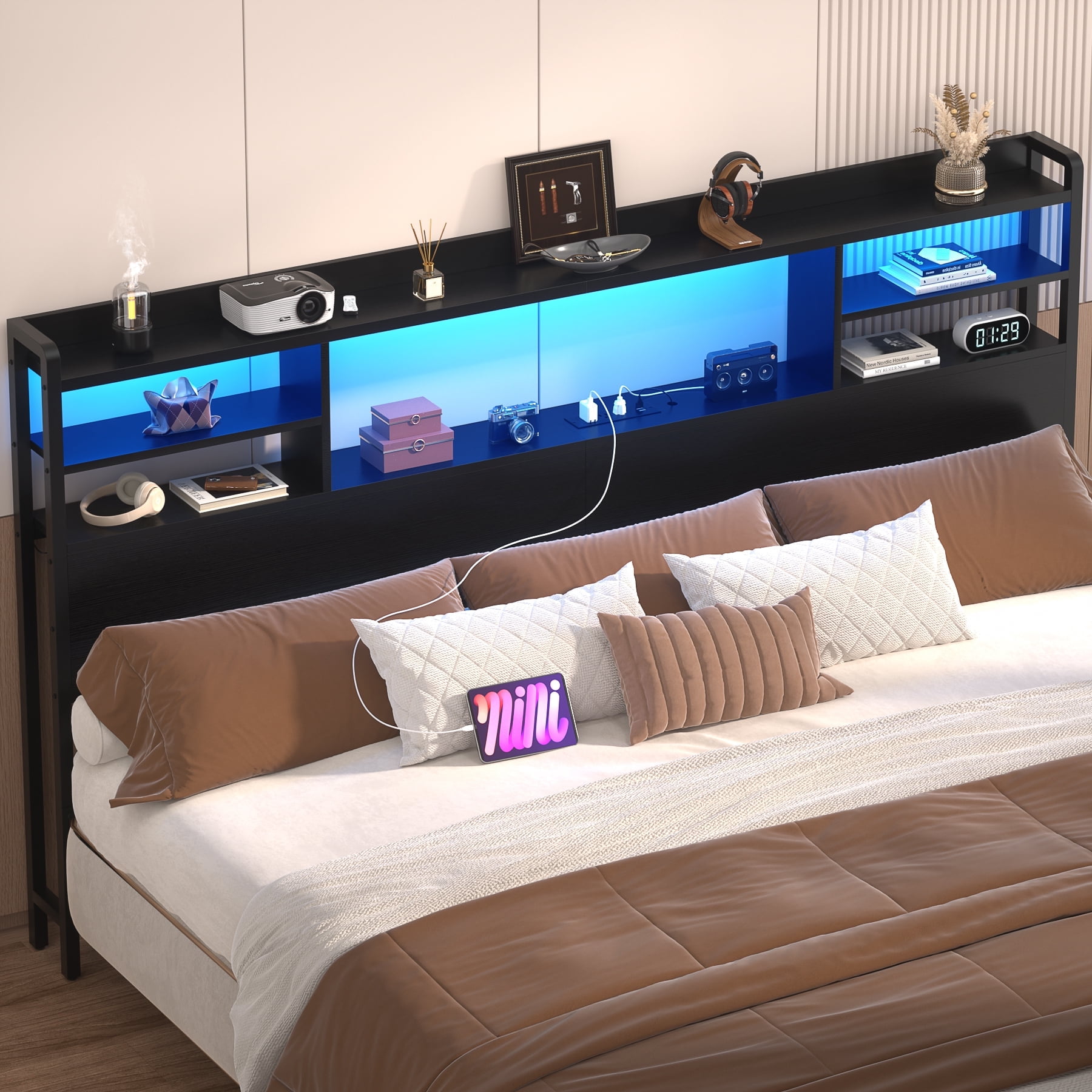 iSunirm Headboard for King Size Bed with Bookcase Storage, King ...