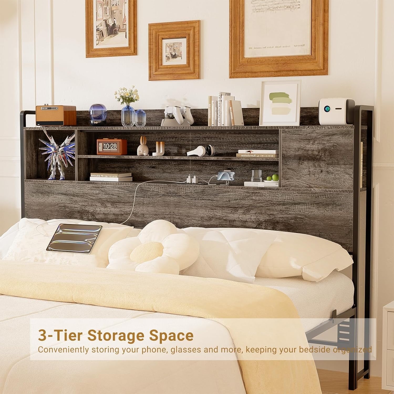 iSunirm Headboard for Queen Size Bed, Bookcase Headboard with Power Outlets and LED Lights ...