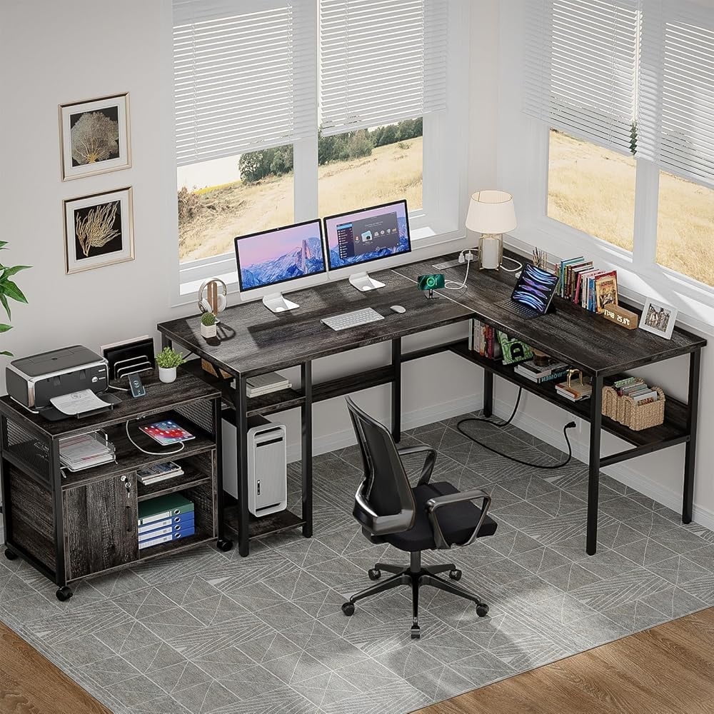 iSunirm Home Office L Shaped Desk with Magic Power Outlets and USB ...