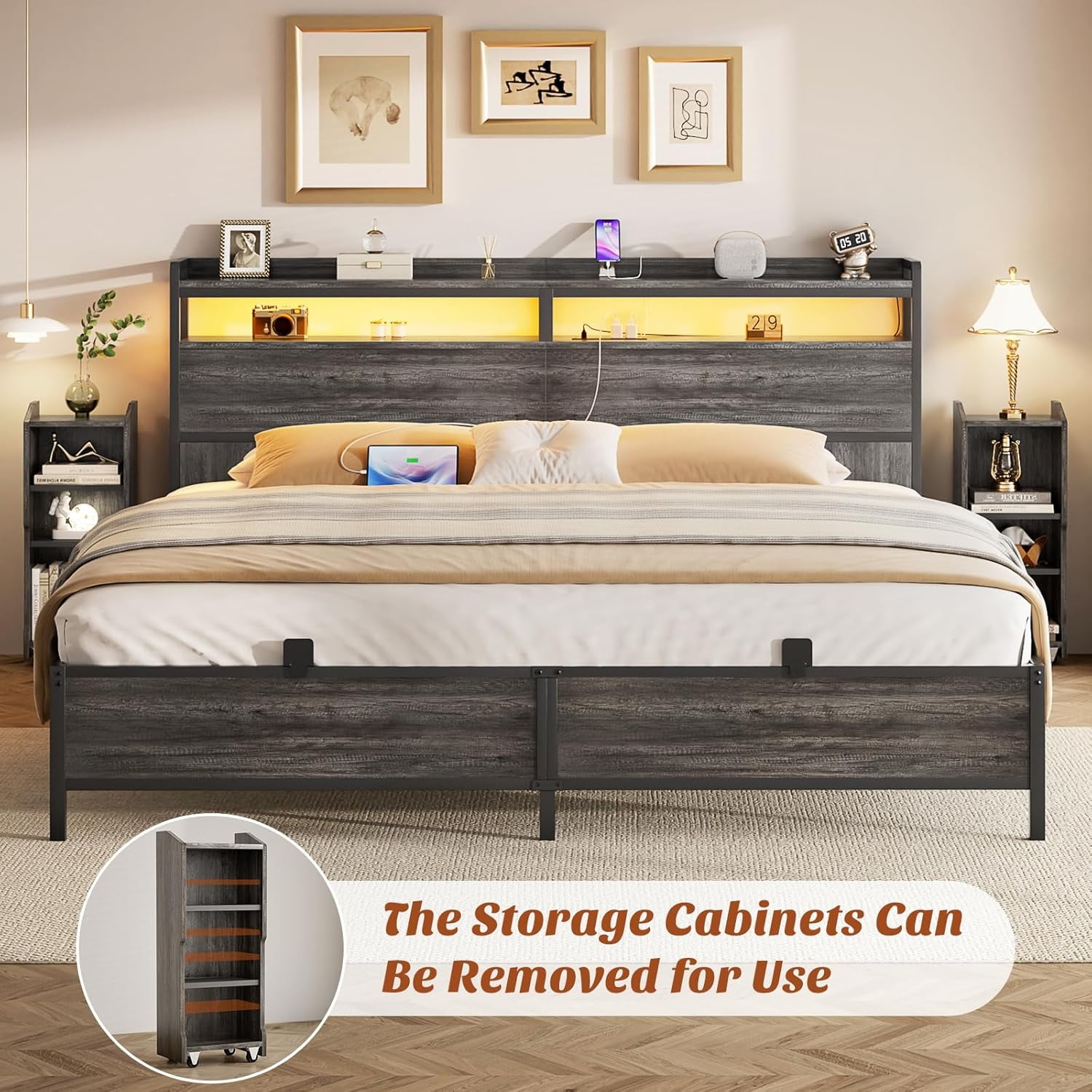 iSunirm King Size Bed Frame with Bookcase Storage Headboard and LED Light, King Platform Bed ...