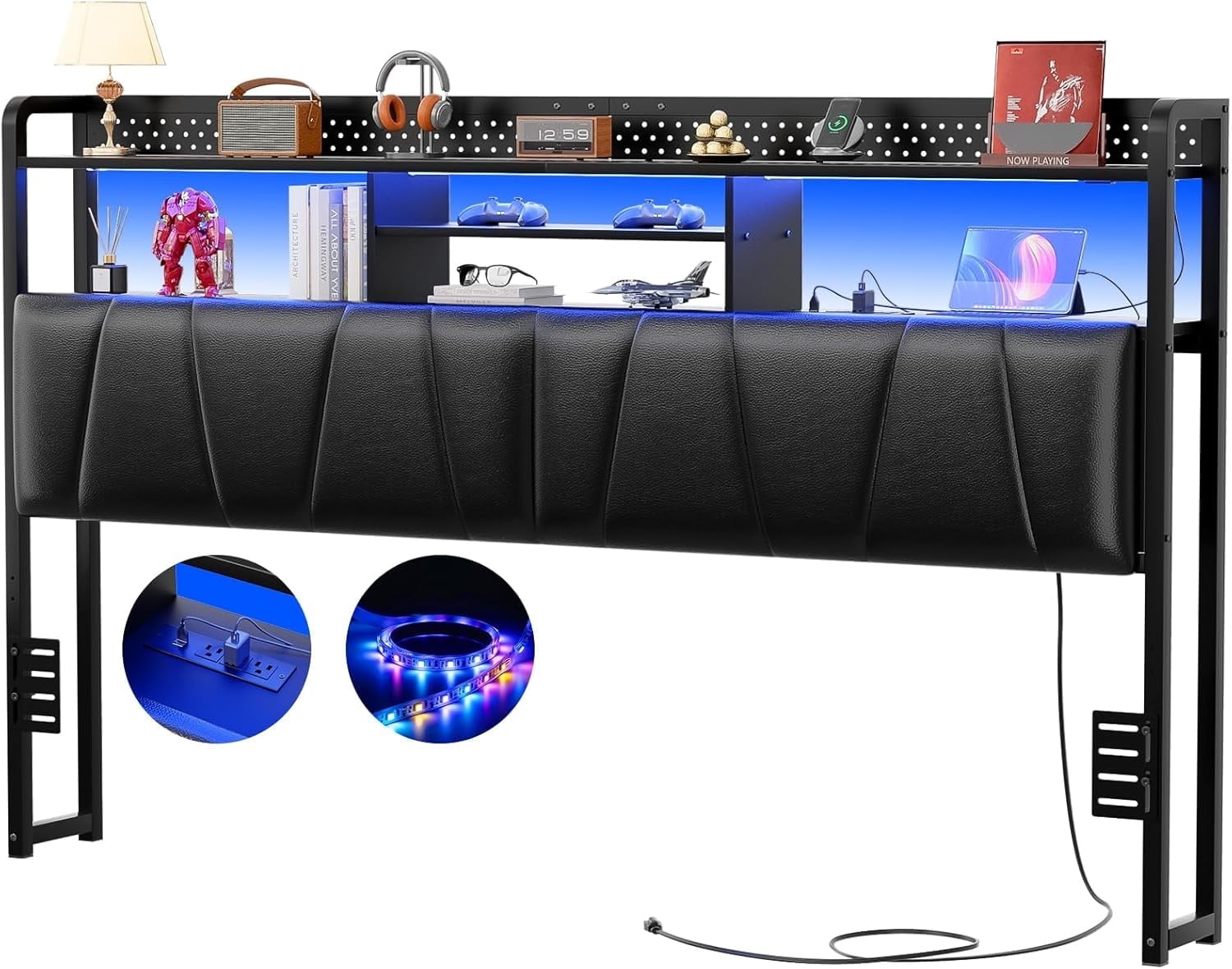 iSunirm King Size Upholstered Headboard with Outlets, USB Ports & RGB ...