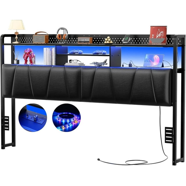 iSunirm King Size Upholstered Headboard with Outlets, USB Ports & RGB ...