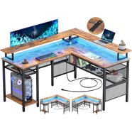 L-Shaped Office Desk with Charging Station & LED Lights, Reversible ...