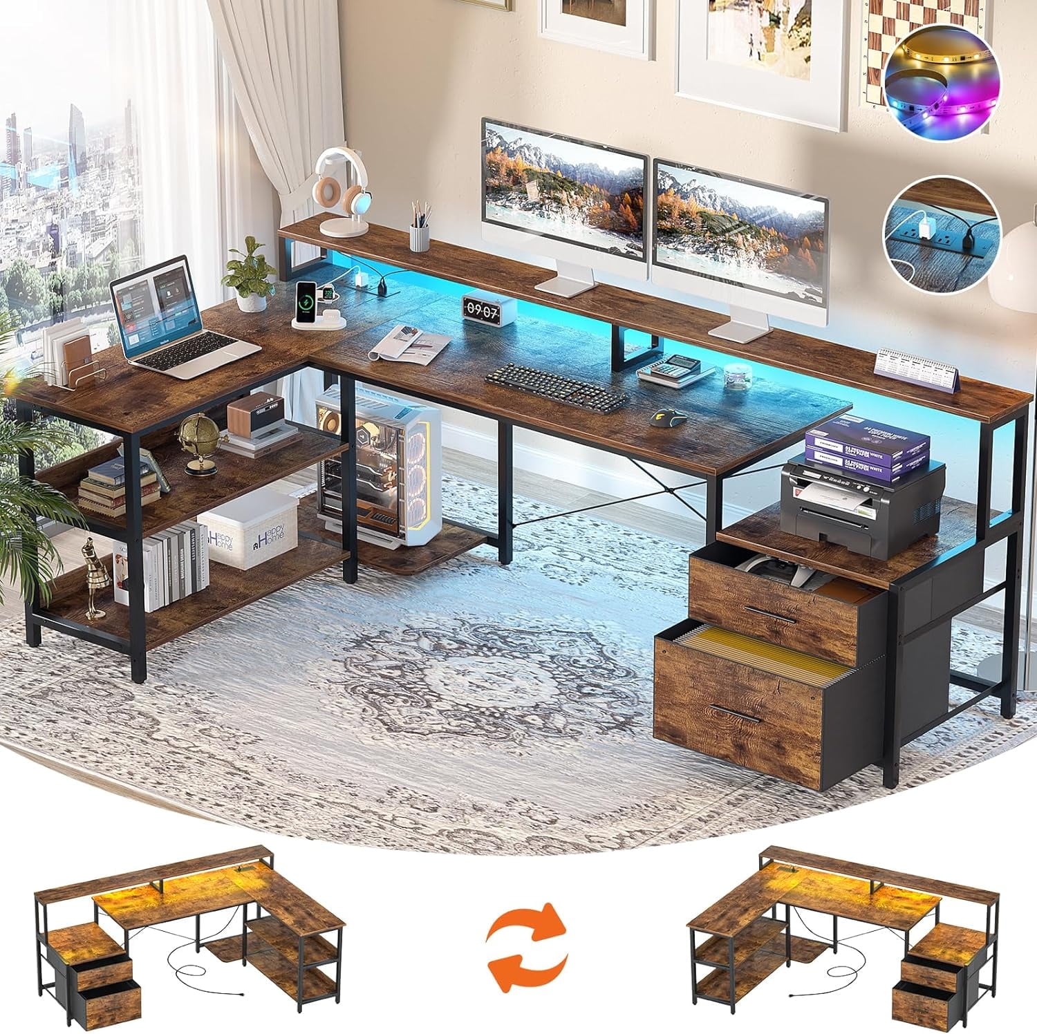 iSunirm L Shaped Computer Desk with File Drawers, 72.8'' Reversible L ...