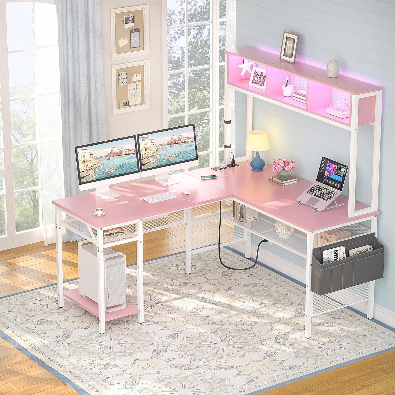 Isunirm L Shaped Computer Desk With Led Strip And Power Outlets