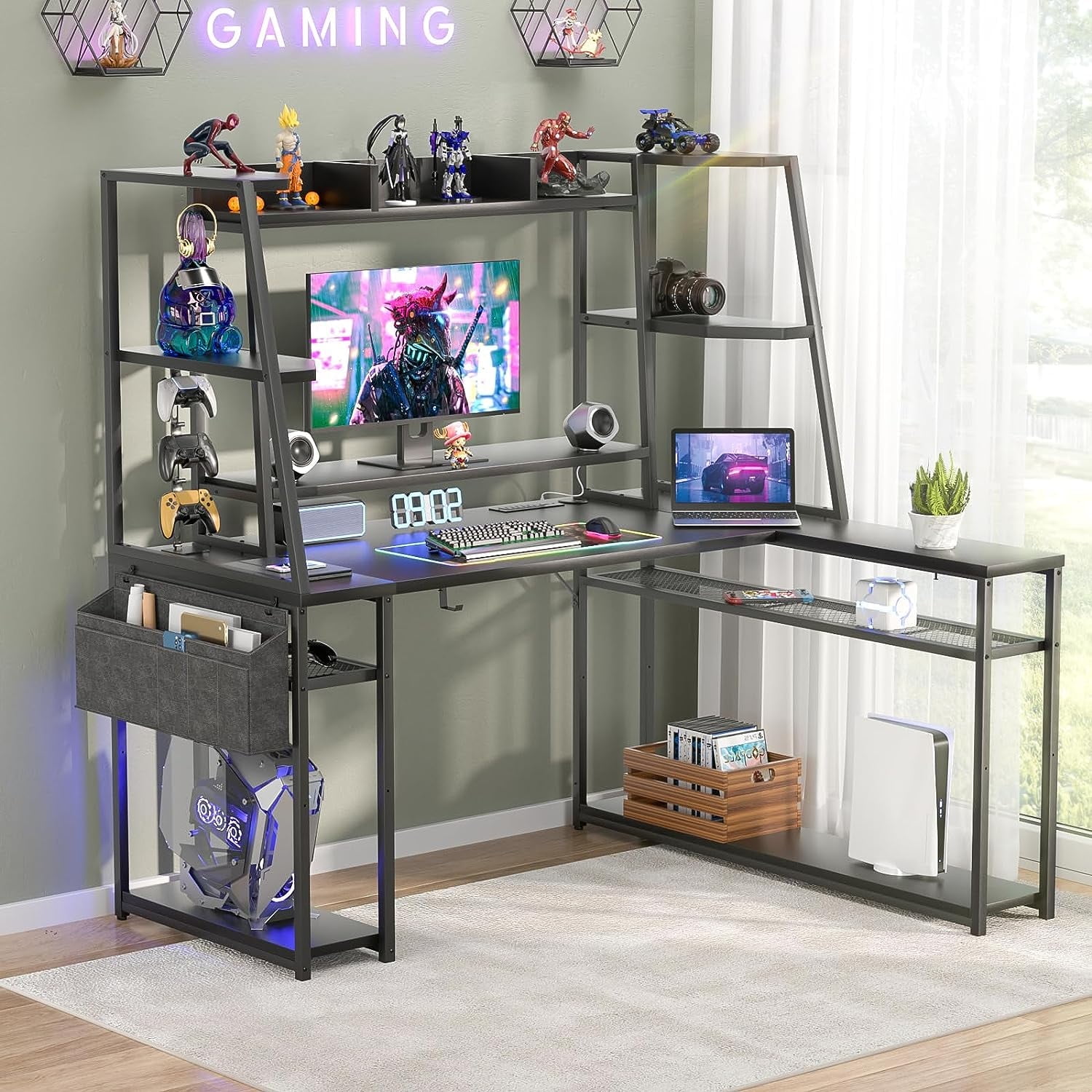 iSunirm L Shaped Gaming Desk with Hutch & Display Shelves, 47'' Gaming ...