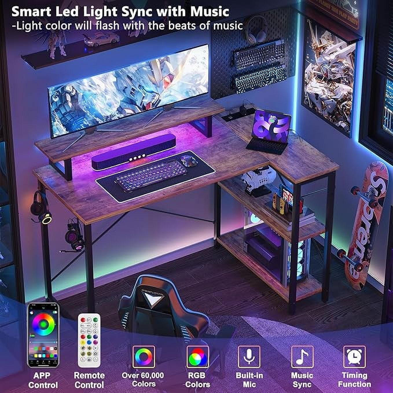 iSunirm L Shaped Gaming Desk with Power Outlet & LED Light 47 Inch ...