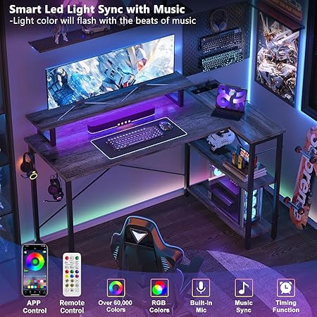 iSunirm L Shaped Gaming Desk with Power Outlet & LED Light 55 Inch ...