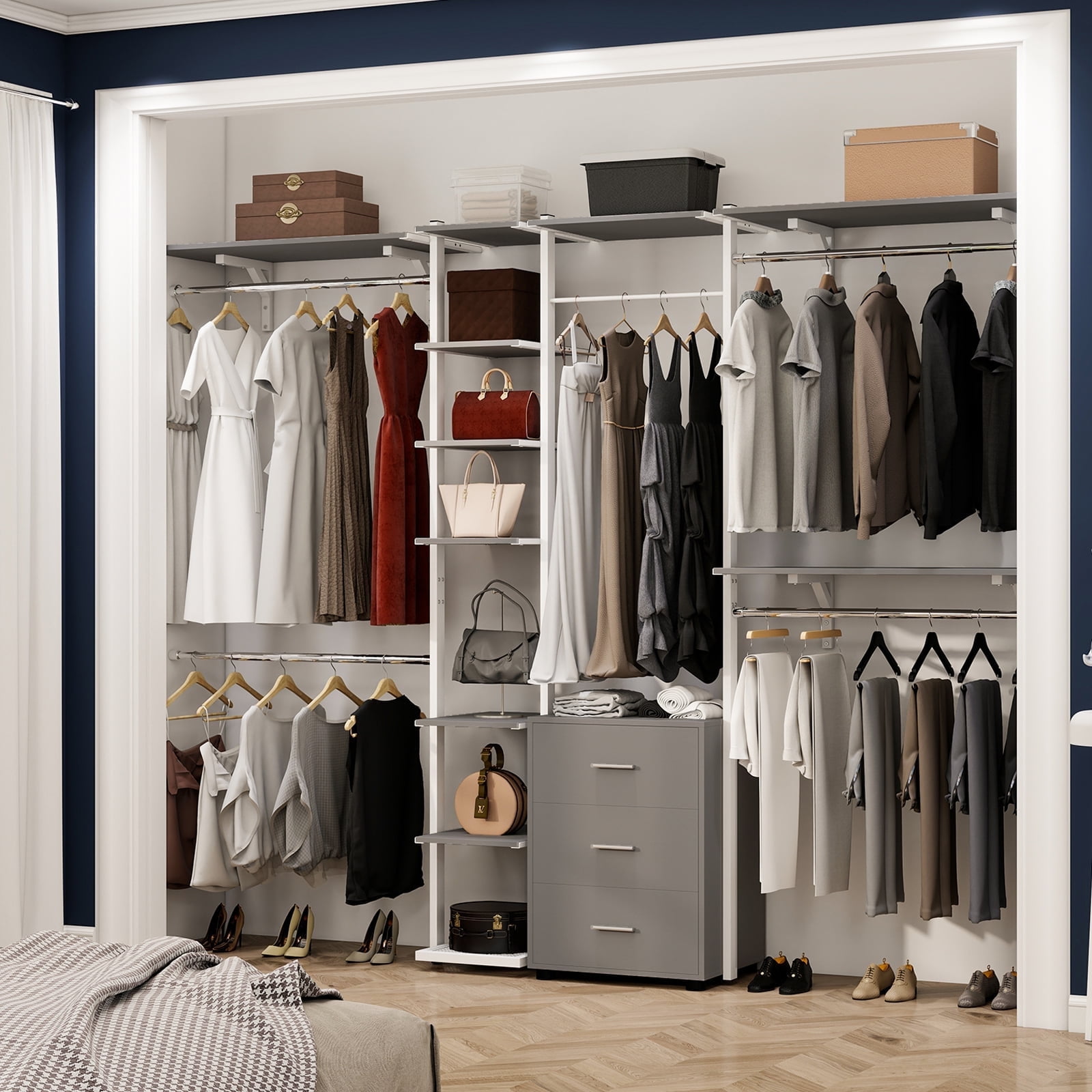 iSunirm New Closet System with Drawers, 96'' Walk In Closet Organizer ...