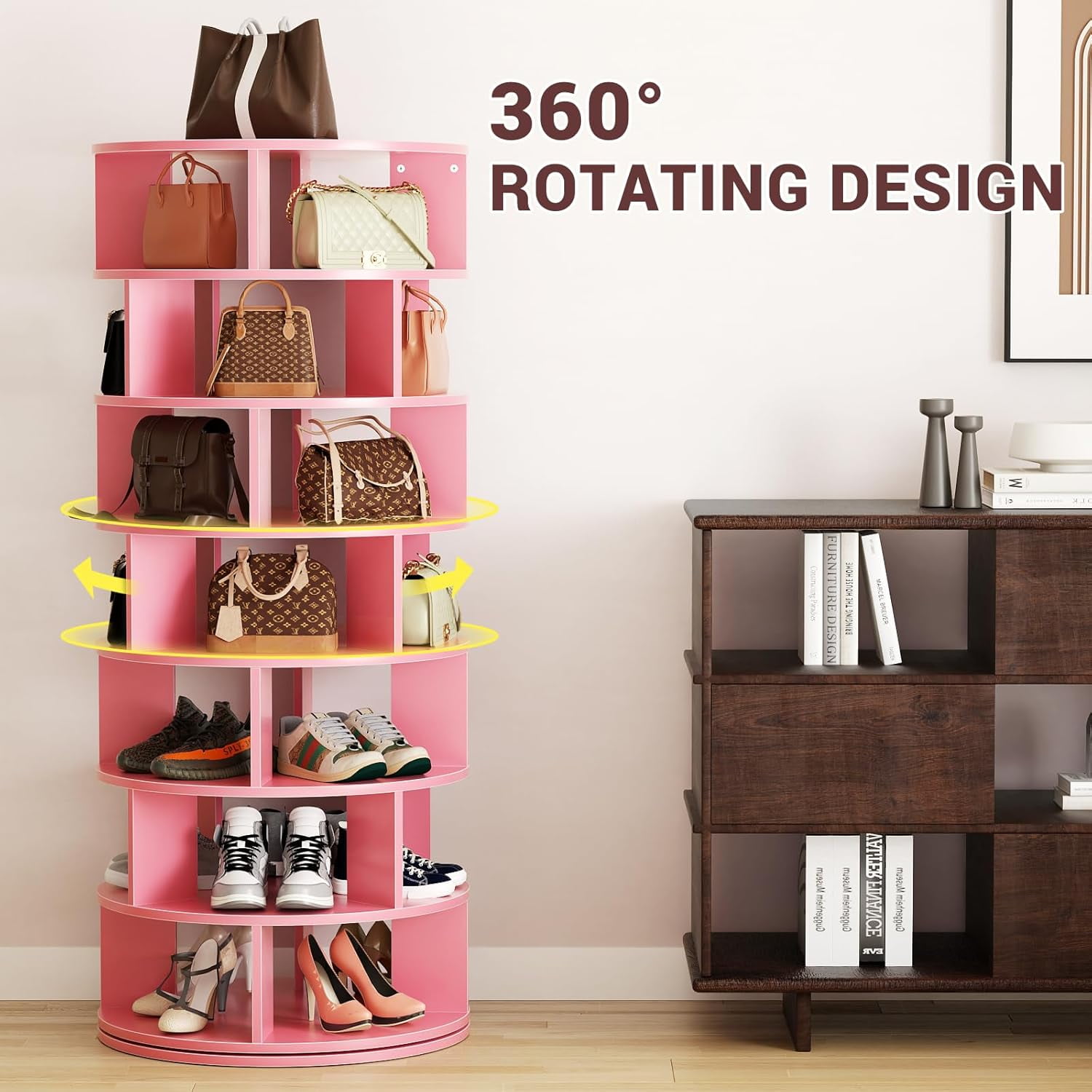 iSunirm Pink Rotating Shoe Rack Tower, 7-tier Spinning Wood Shoe Rack ...