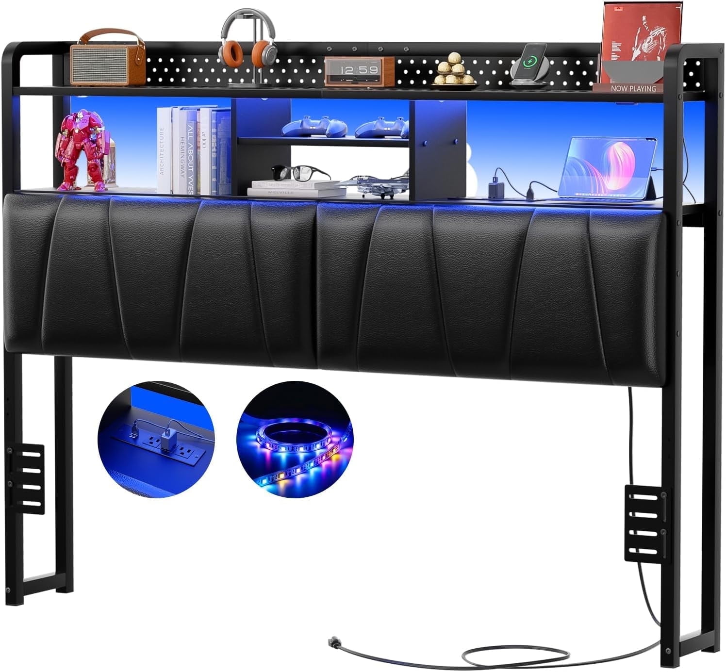 iSunirm Queen Size Upholstered Headboard with Power Outlets, USB Ports ...