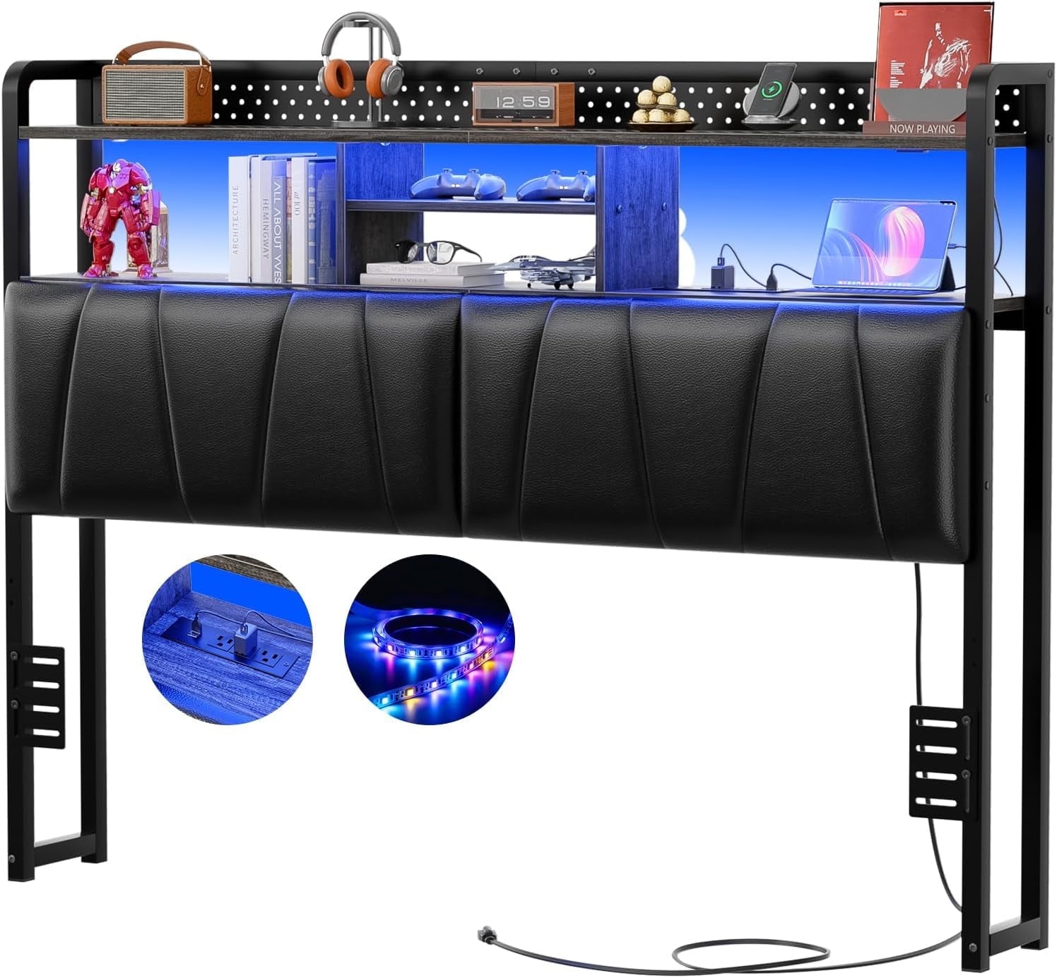 iSunirm Queen Size Upholstered Headboard with Power Outlets, USB Ports ...