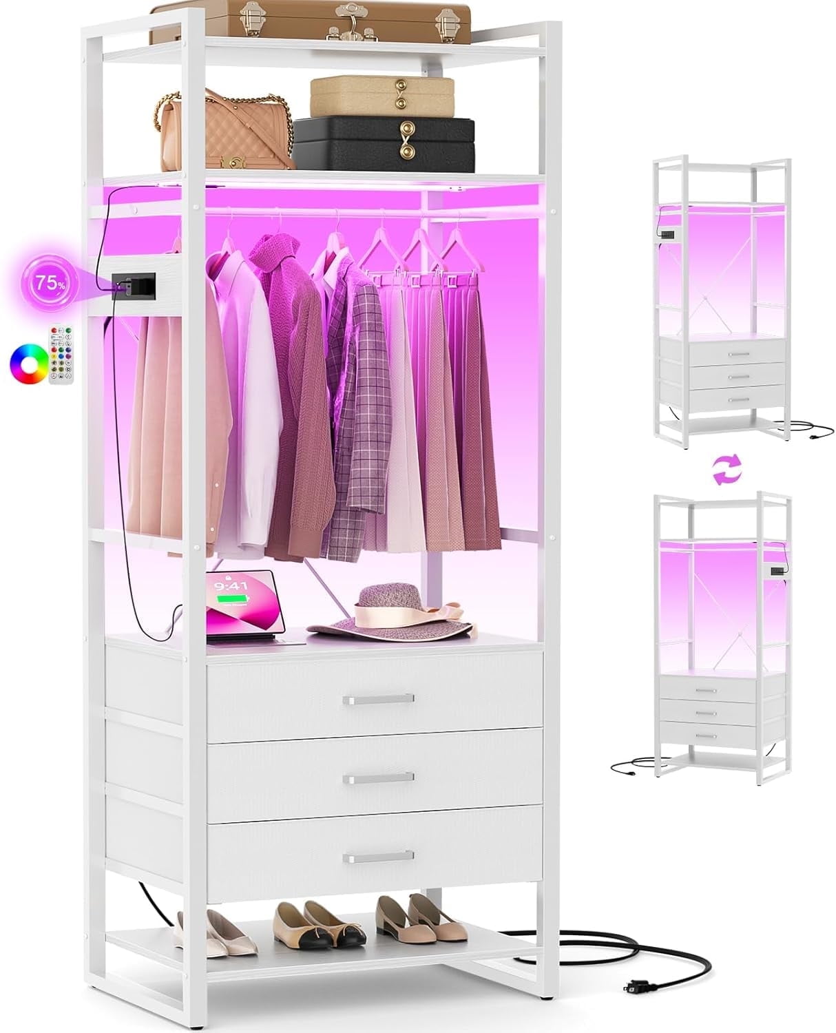 iSunirm Small Garment Rack with 3 Fabric Drawers, Small Clothes Rack ...