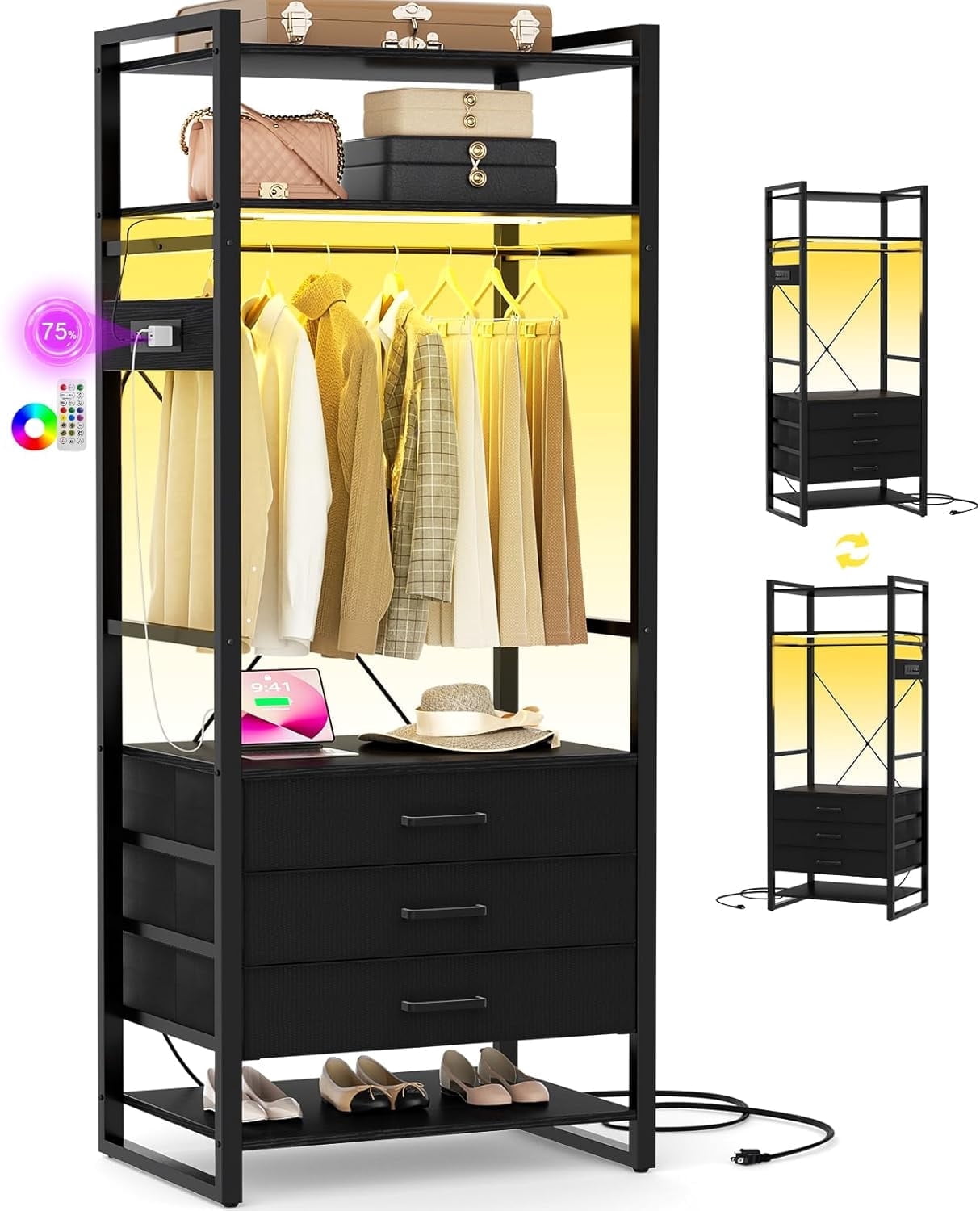 iSunirm Small Garment Rack with 3 Fabric Drawers, Small Clothes Rack ...